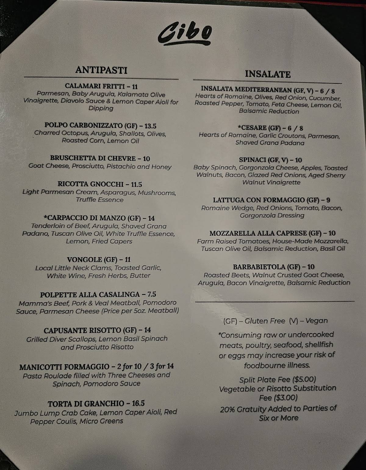Menu at CIBO Italian Restaurant & Bar, Fort Myers