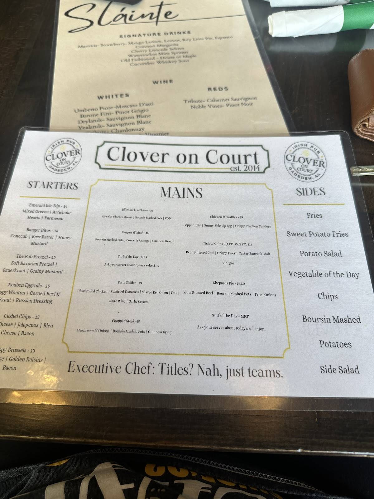 Menu at CLOVER ON COURT (Formerly Harp and Clover) pub & bar, Gadsden