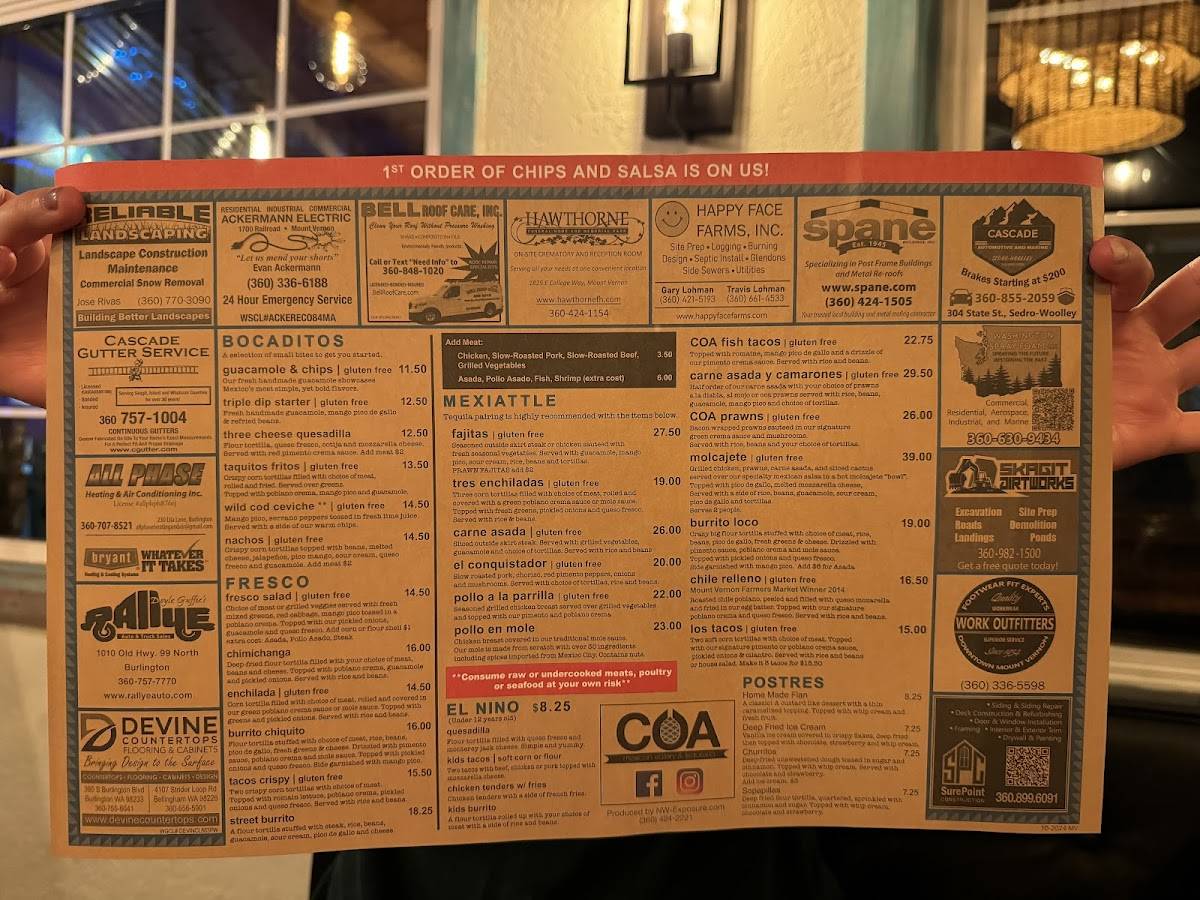 Menu at COA Mexican Eatery & Tequileria MV pub & bar, Mount Vernon ...