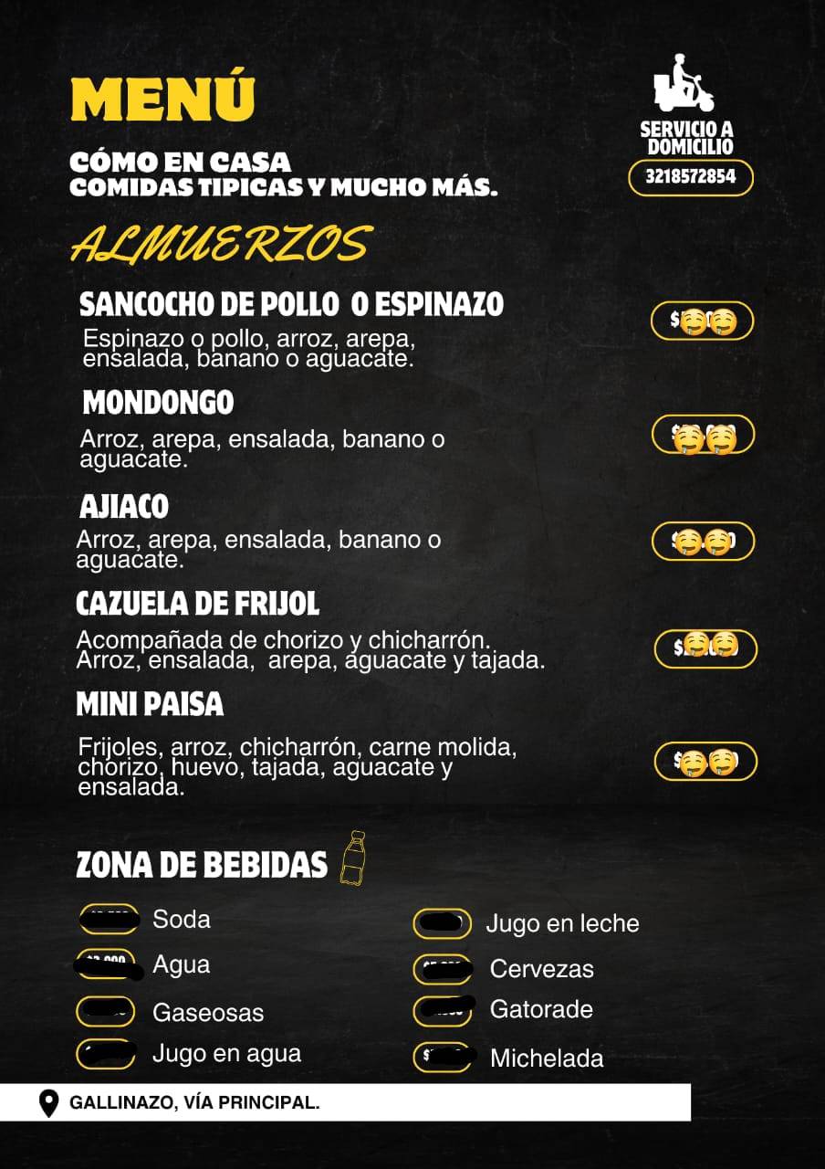 Menu at COMO EN CASA COMIDAS típicas y mucho más restaurant, Gallinazo