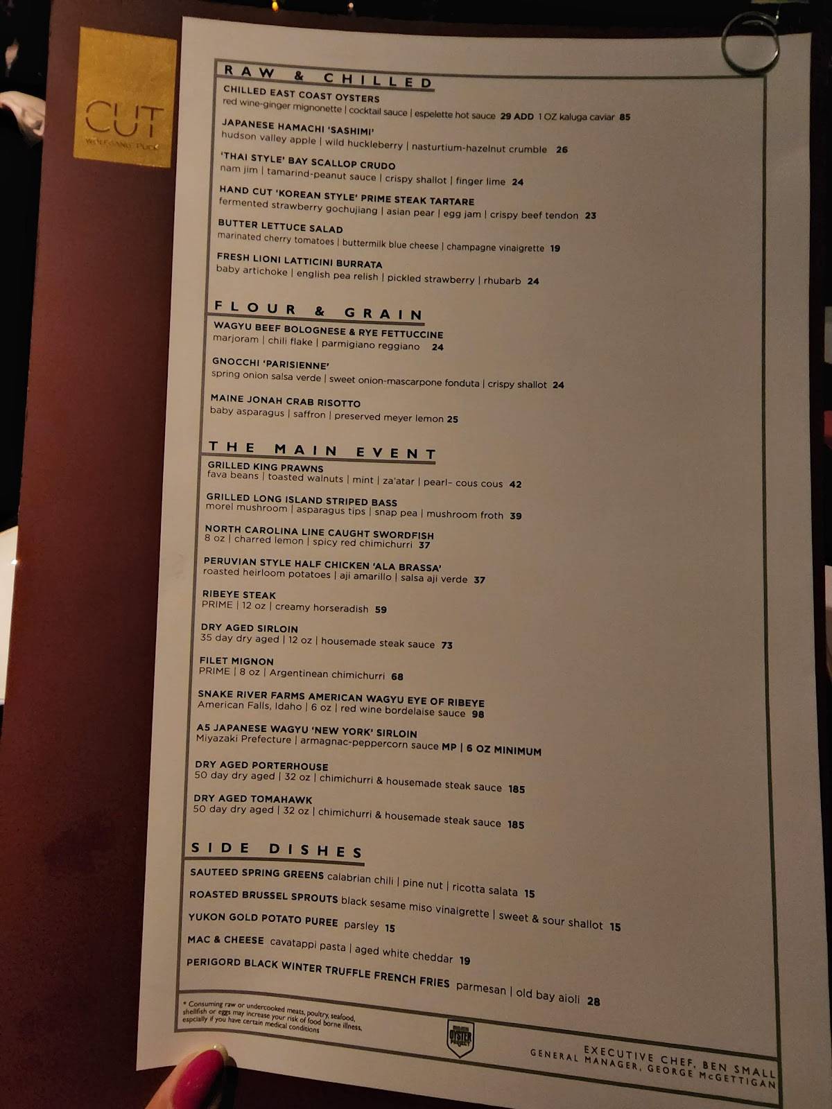 Menu at CUT by Wolfgang Puck steakhouse, New York City