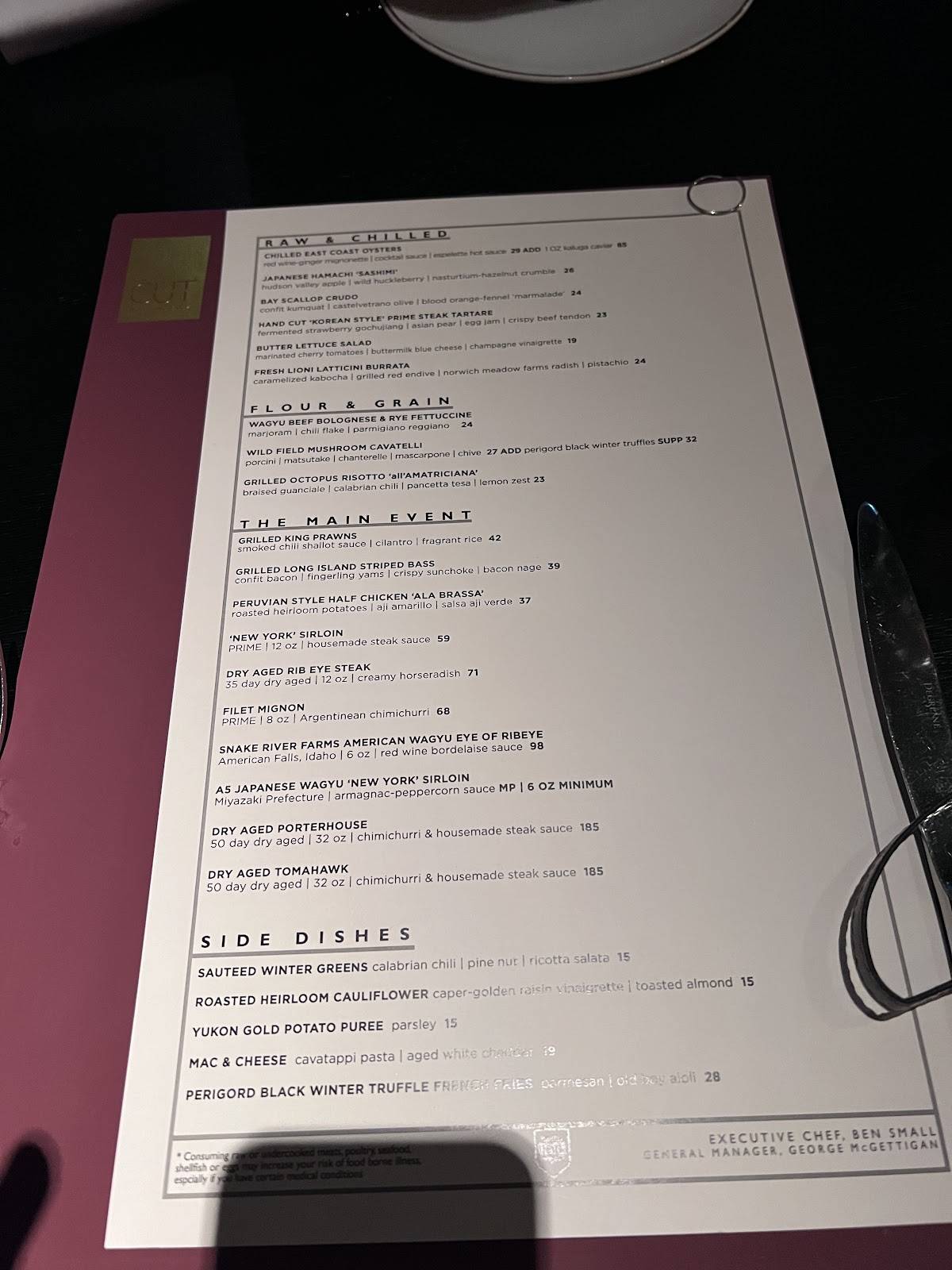 Menu at CUT by Wolfgang Puck steakhouse, New York City