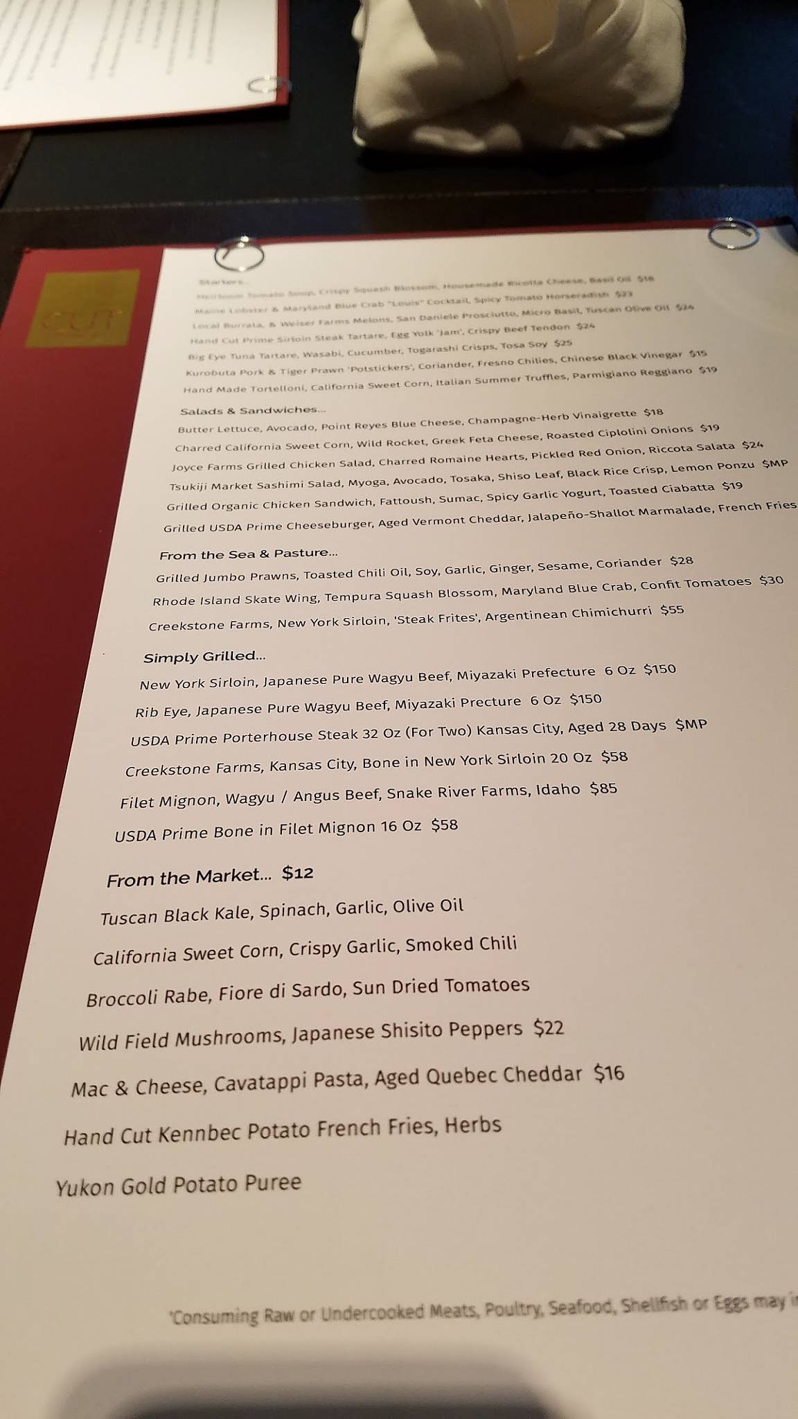 Menu at CUT by Wolfgang Puck steakhouse, New York City