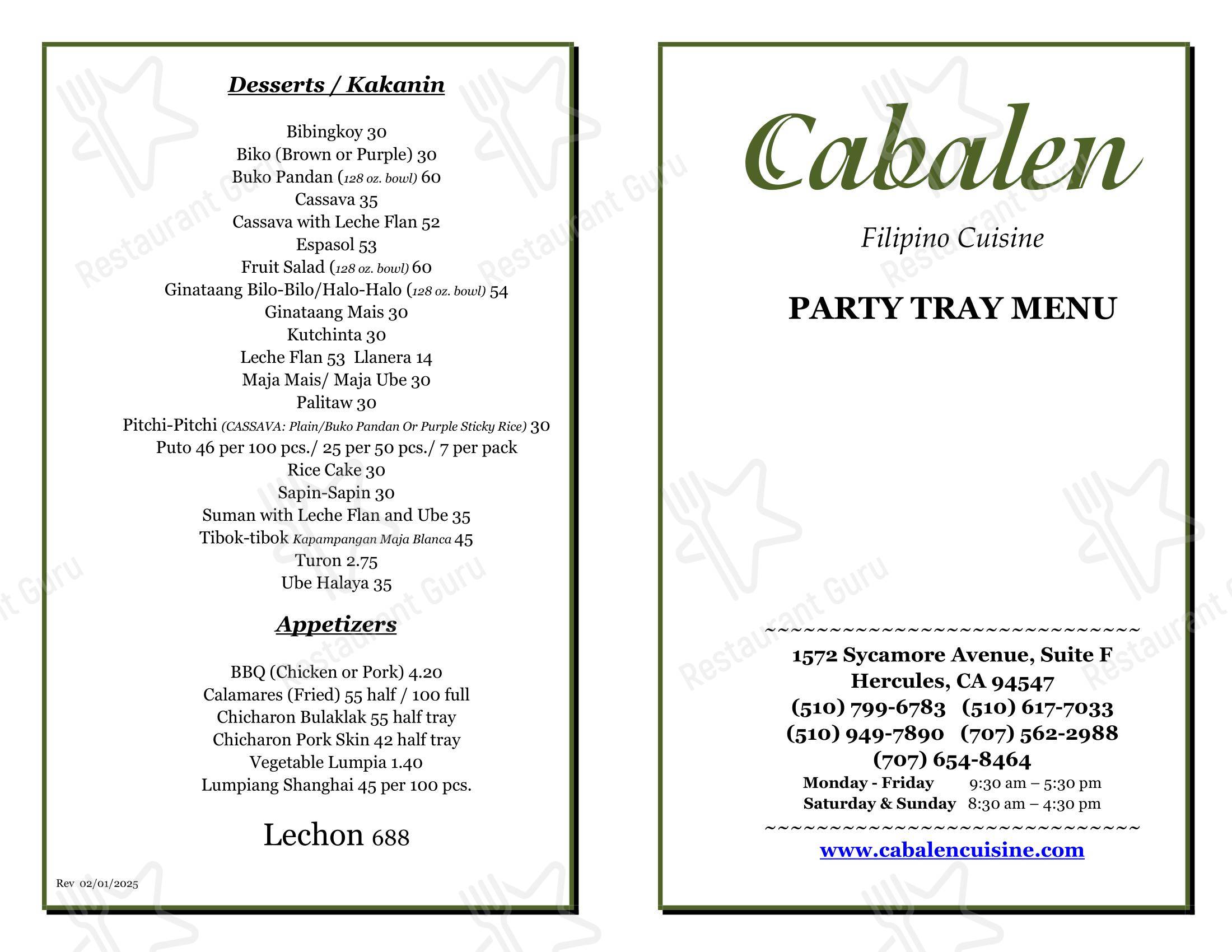 Menu at Cabalen restaurant, Hercules