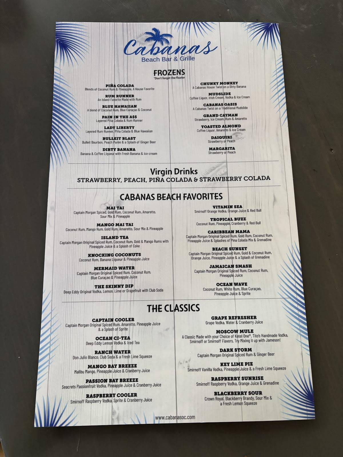 Menu at Cabanas Beach Bar & Grille, Ocean City