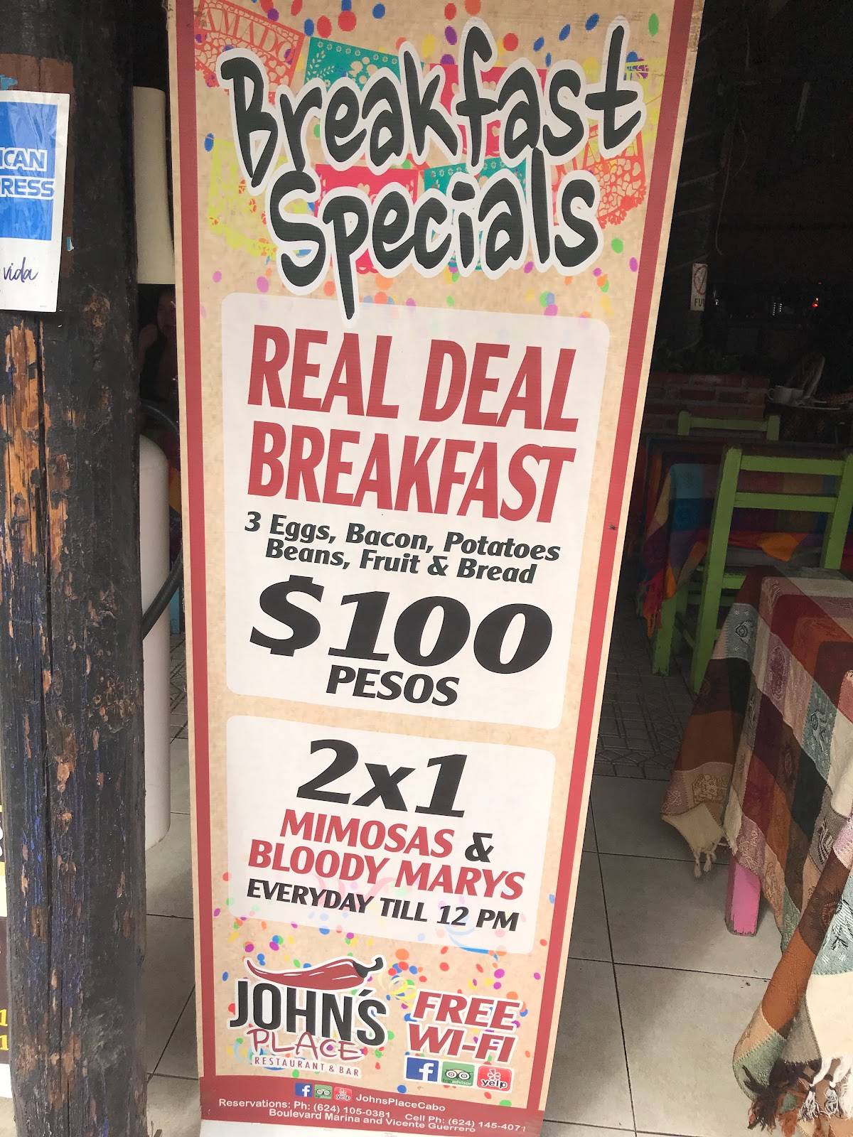 Menu at John's Place restaurant, Cabo San Lucas