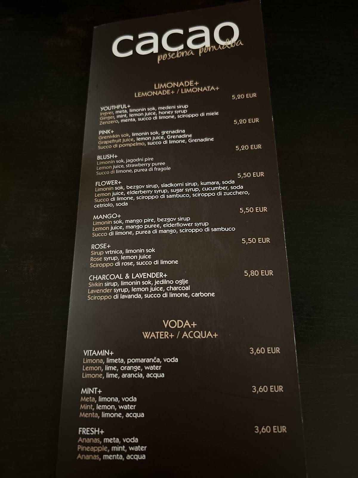 Menu at Cacao Portorož pub & bar, Portorož