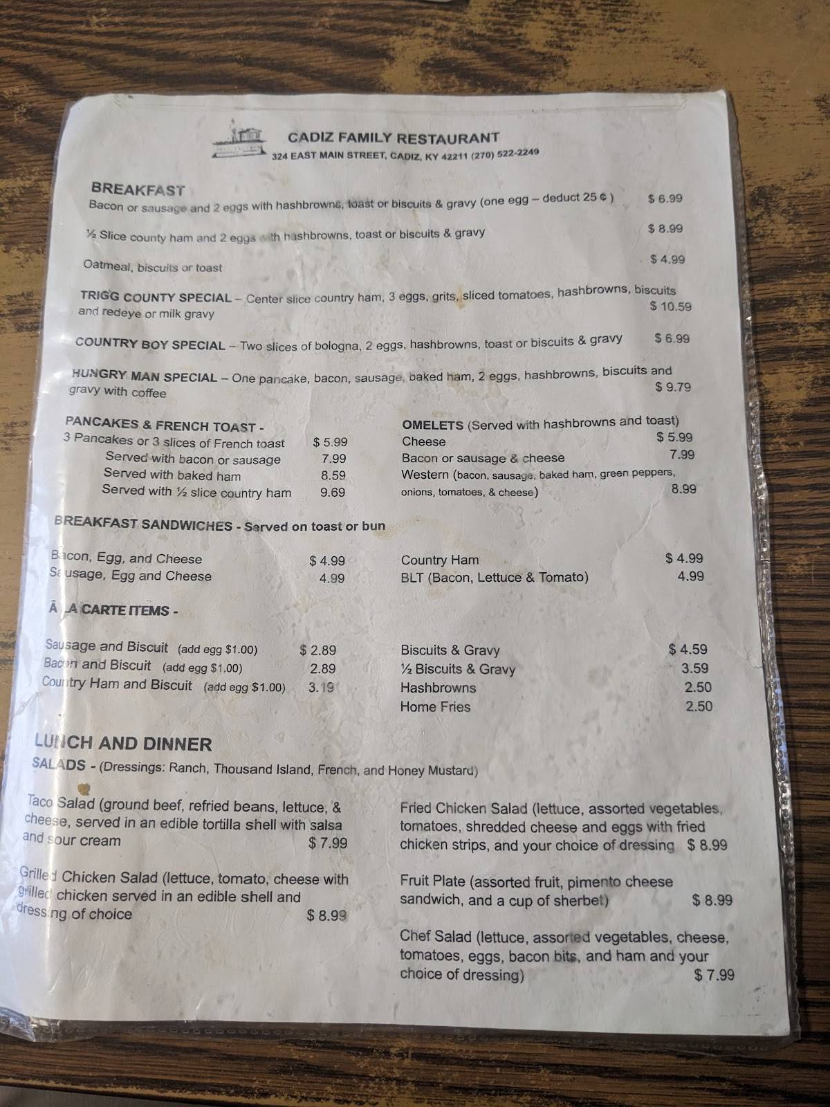 Menu at Cadiz Family Restaurant, Cadiz, 324 Main St
