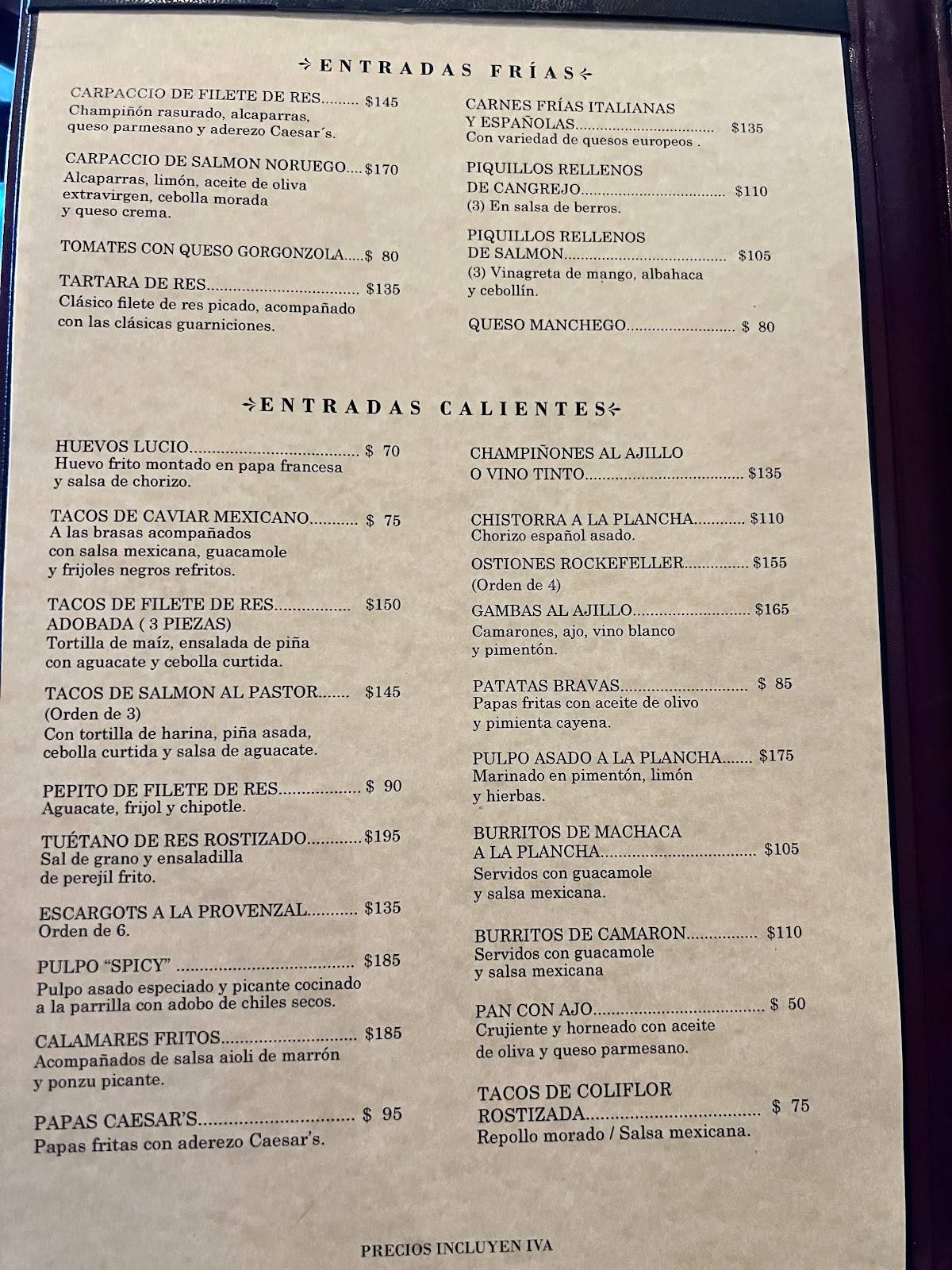 Menu at Caesar's pub & bar, Tijuana, Av. Revolución 8190