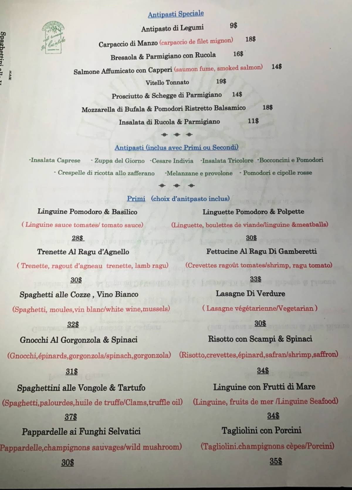 Menu au Café Il Cortile, Montréal