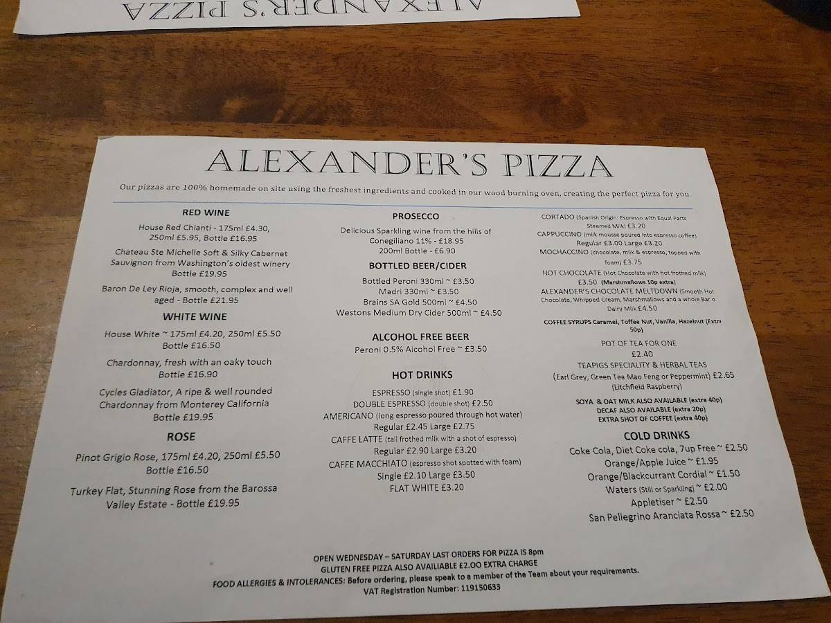 Menu at Alexander's Cafe & Pizza House, Mold