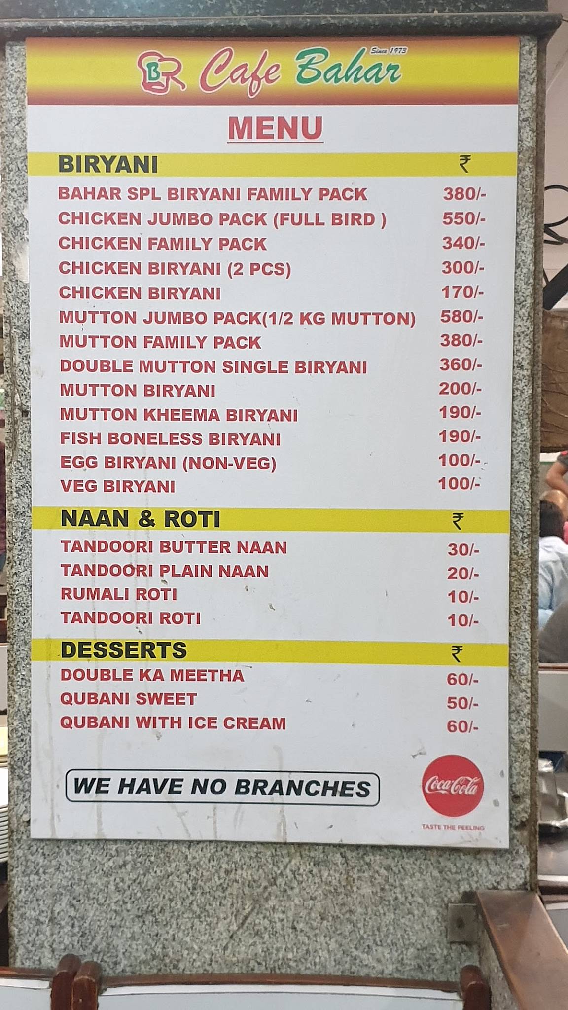 Menu at Cafe Bahar, Hyderabad, 3-5