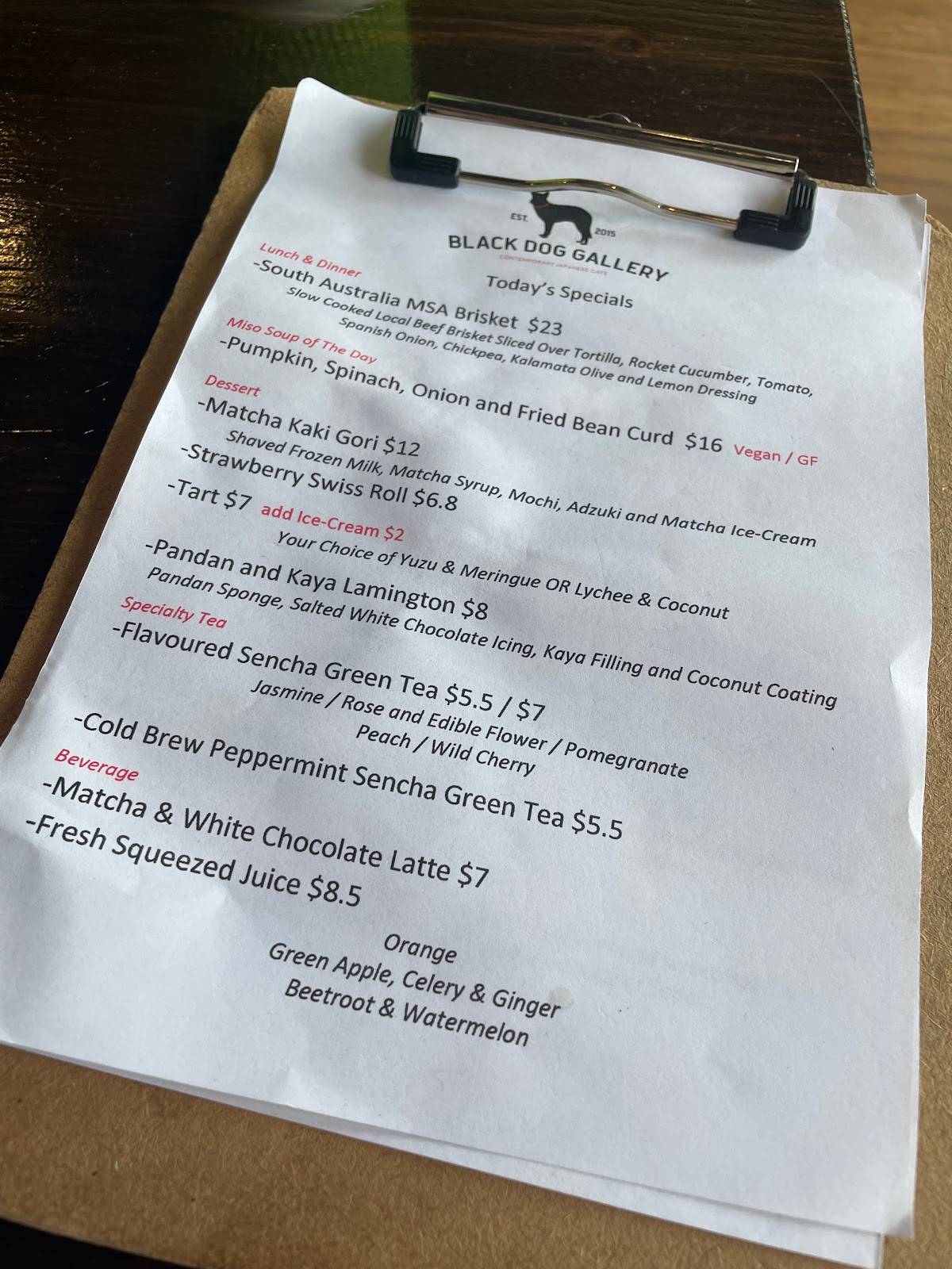 Menu at Black Dog Gallery cafe, Tusmore