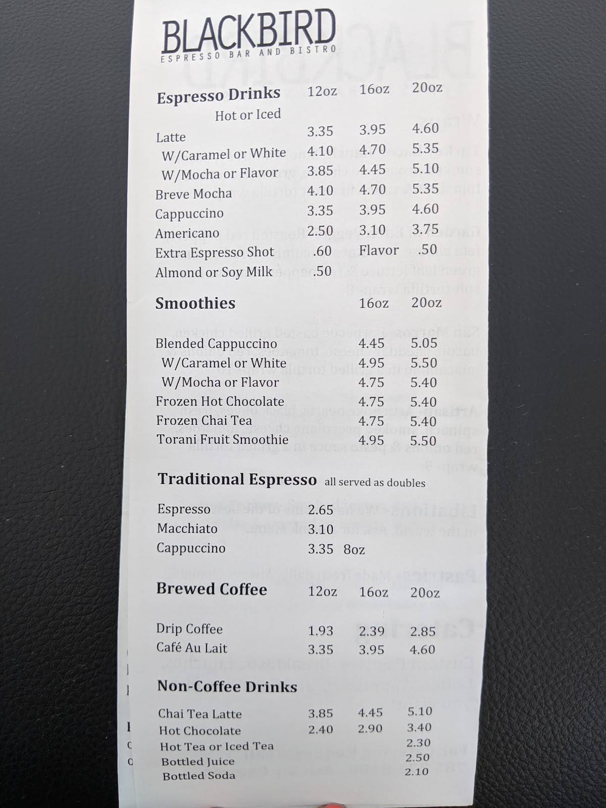 Menu at Blackbird cafe, Topeka