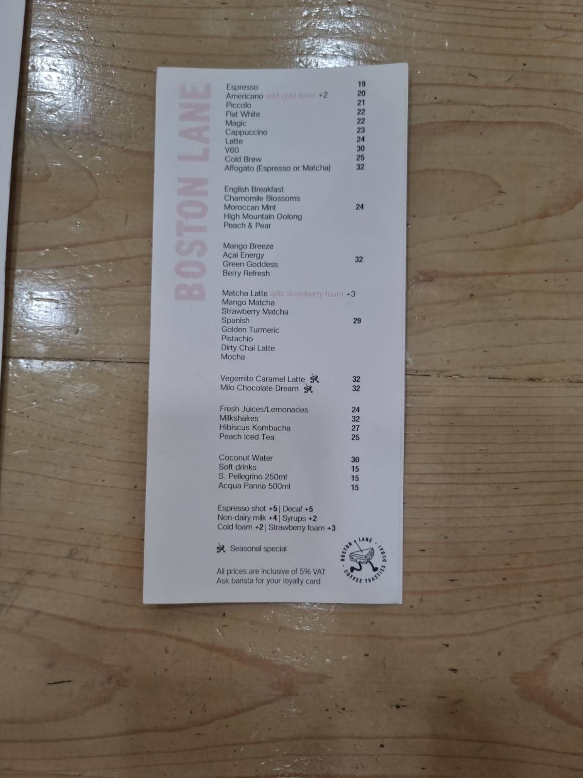 Menu at Boston Lane cafe, Dubai