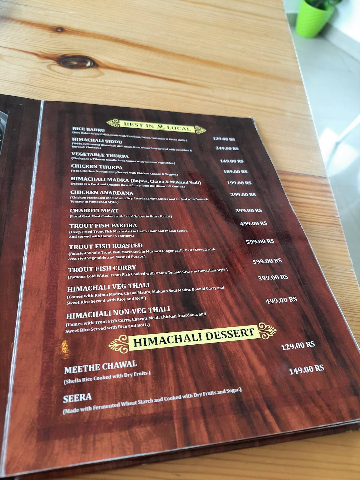 Menu at Cafe Buransh Bir Billing, Bir