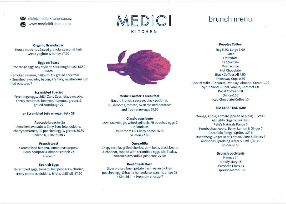 Menu at Cafe Medici, Martinborough