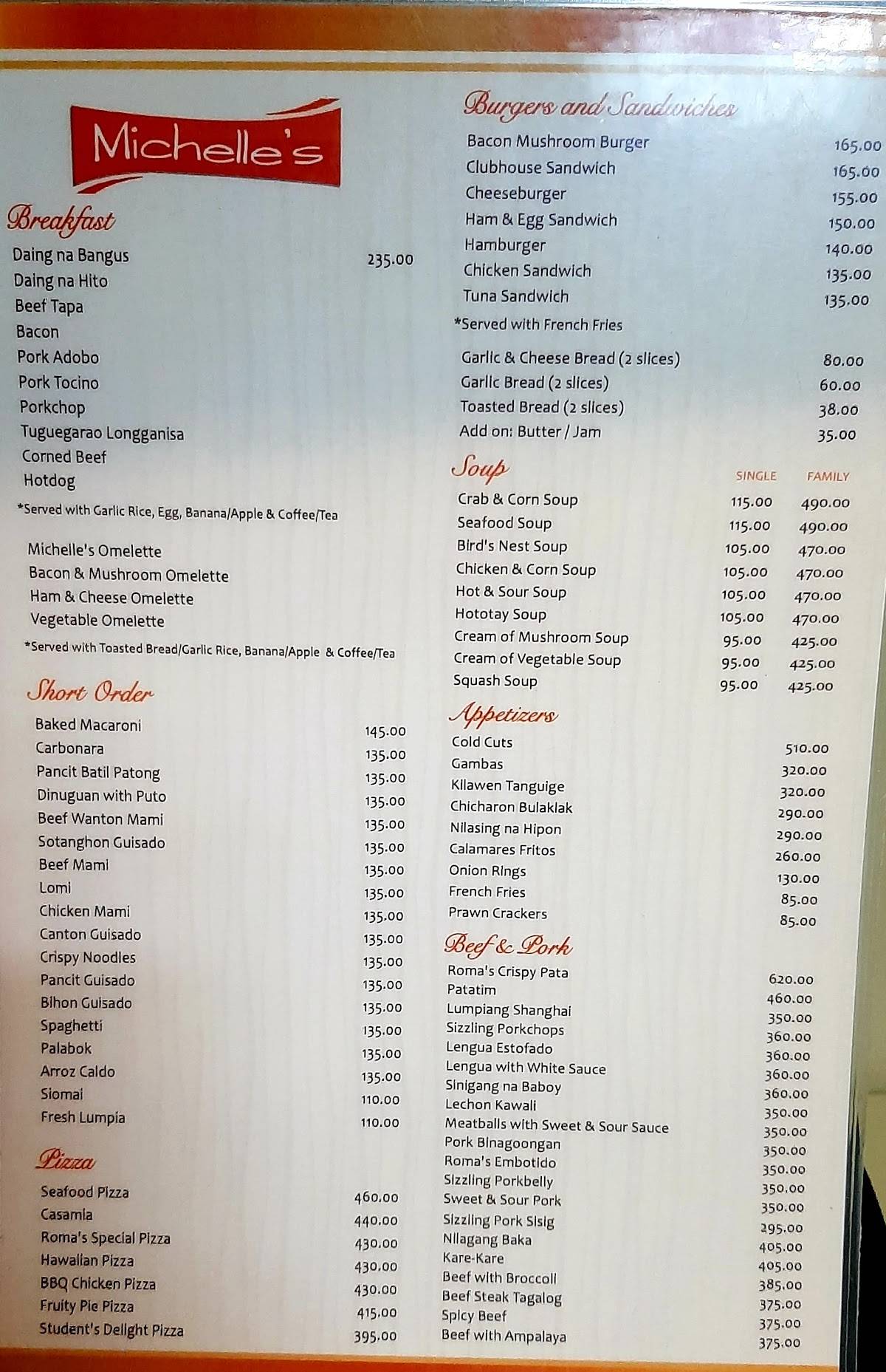 Menu at Cafe Michele, Tuguegarao City