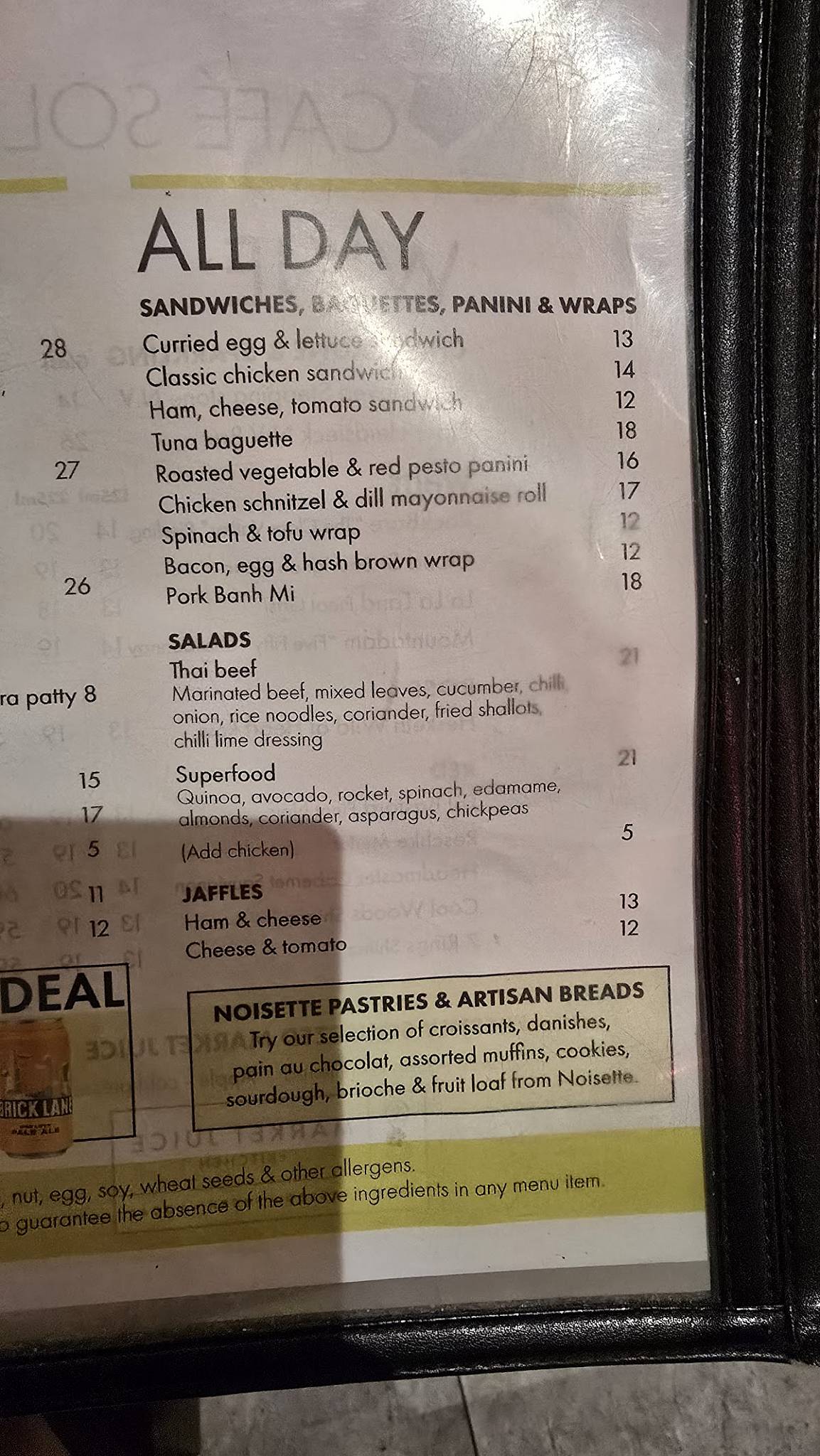 Menu at Cafe Sol, Melbourne Airport