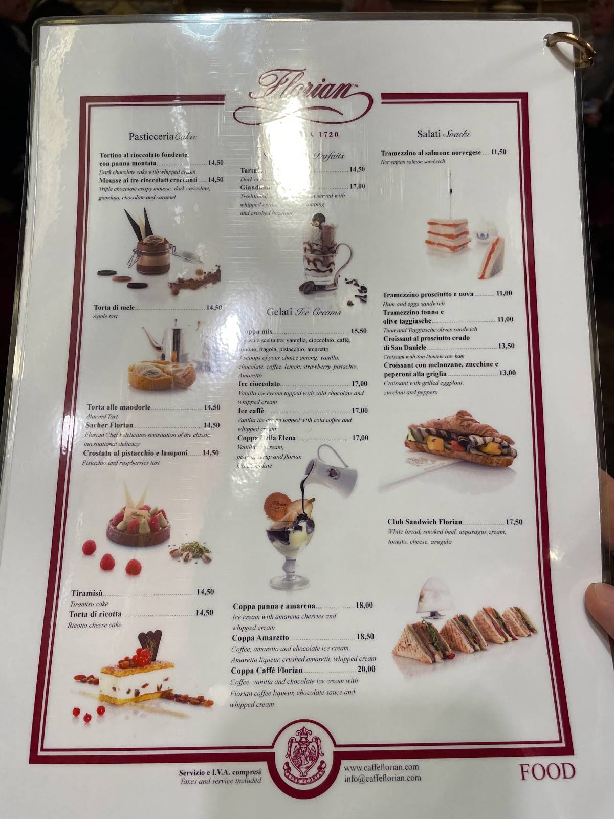 Menu at Caffè Florian cafe, Venice, P.za San Marco