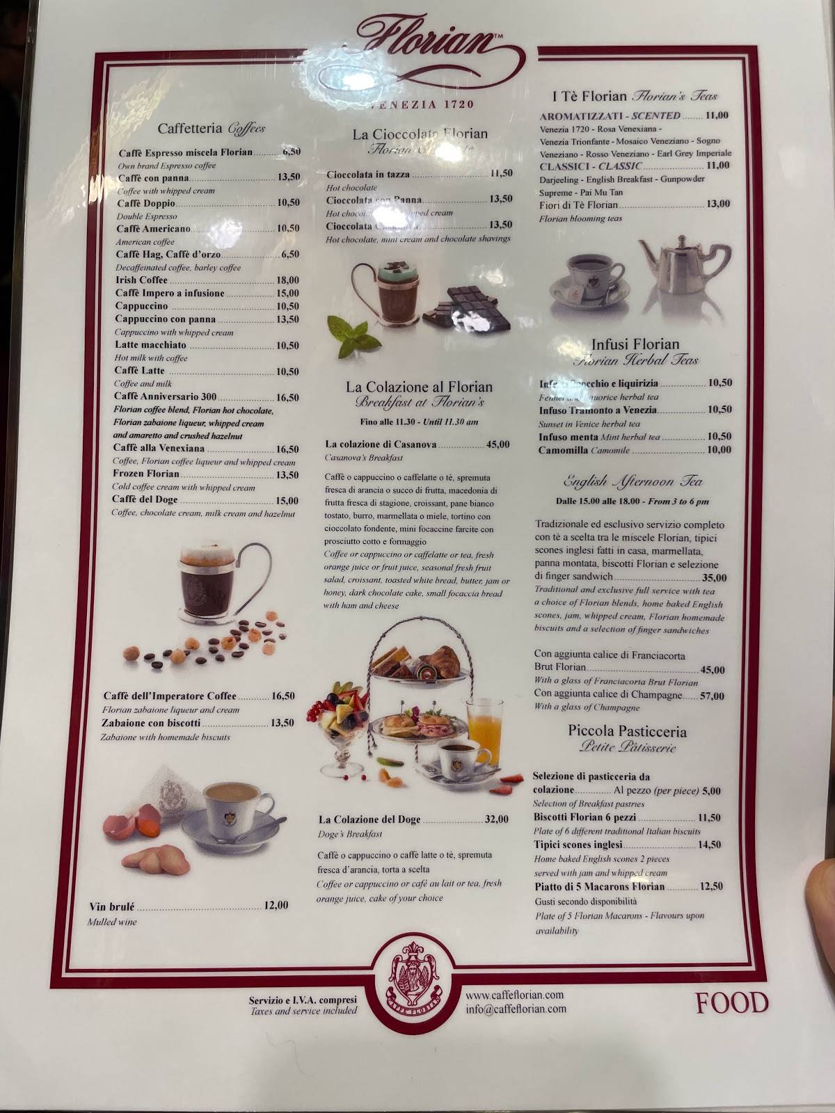 Menu at Caffè Florian cafe, Venice, P.za San Marco