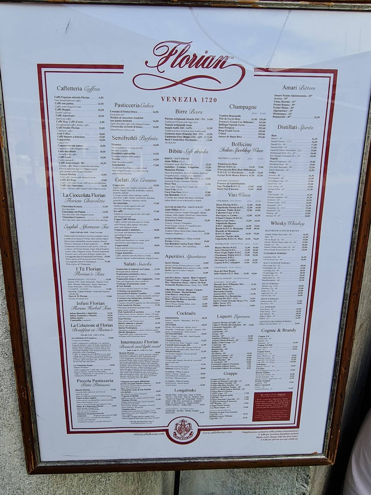 Menu da Caffè Florian caffè bar, Venezia, Piazza San Marco