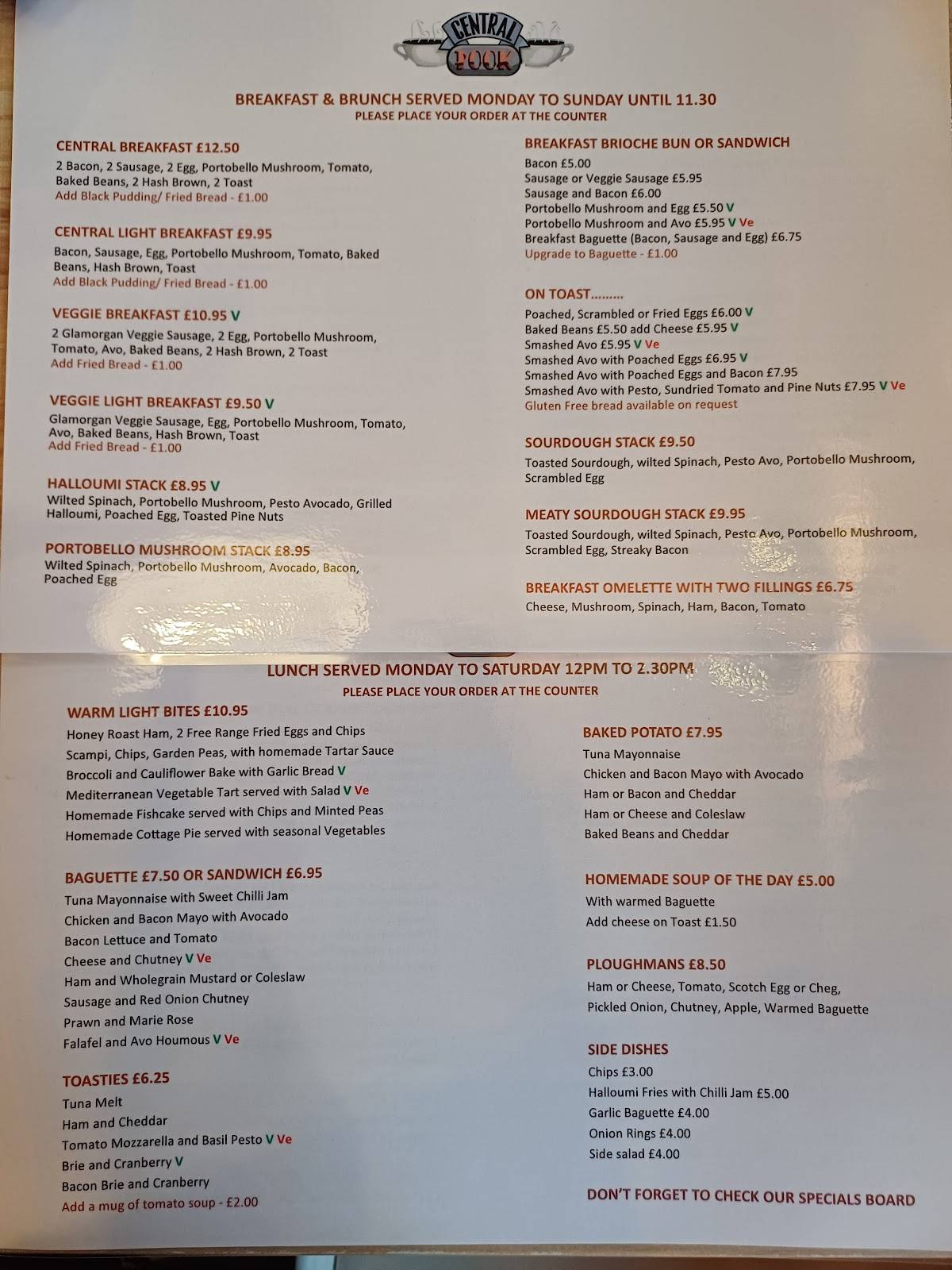 Menu at Central Pook cafe, Bristol, Northwick Rd