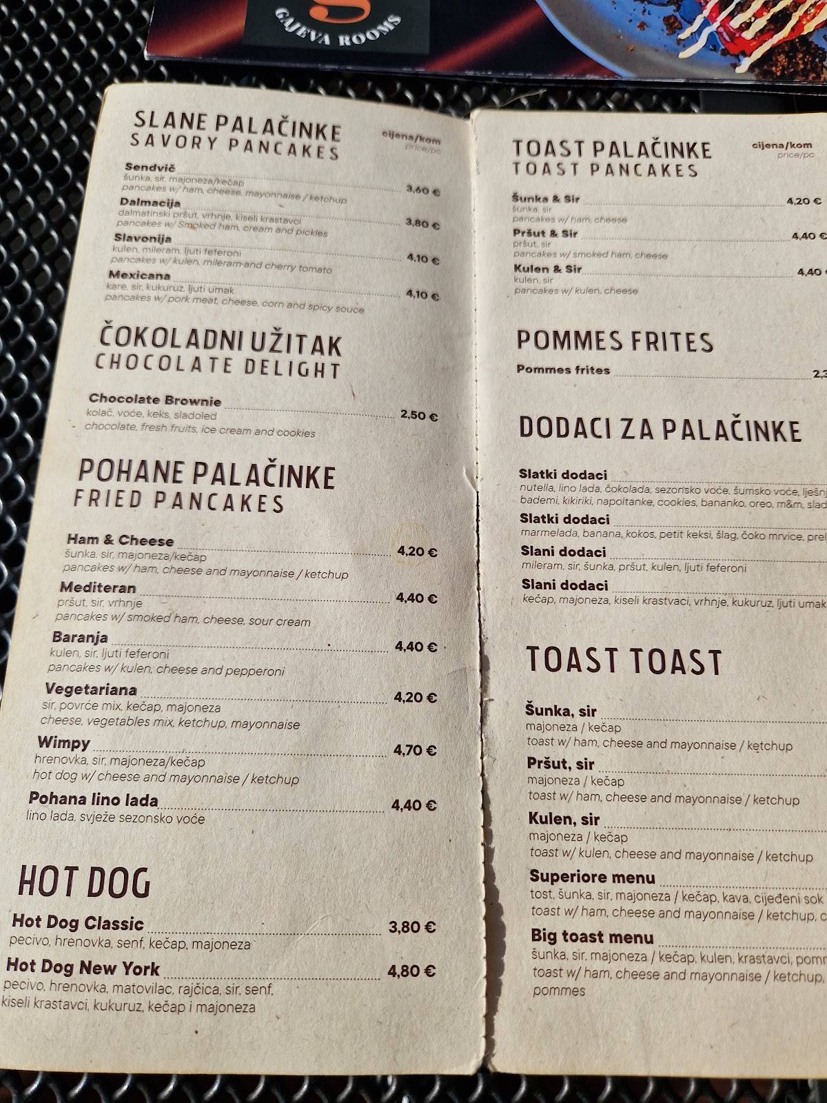 Menu at Chocolate cafe, Virovitica