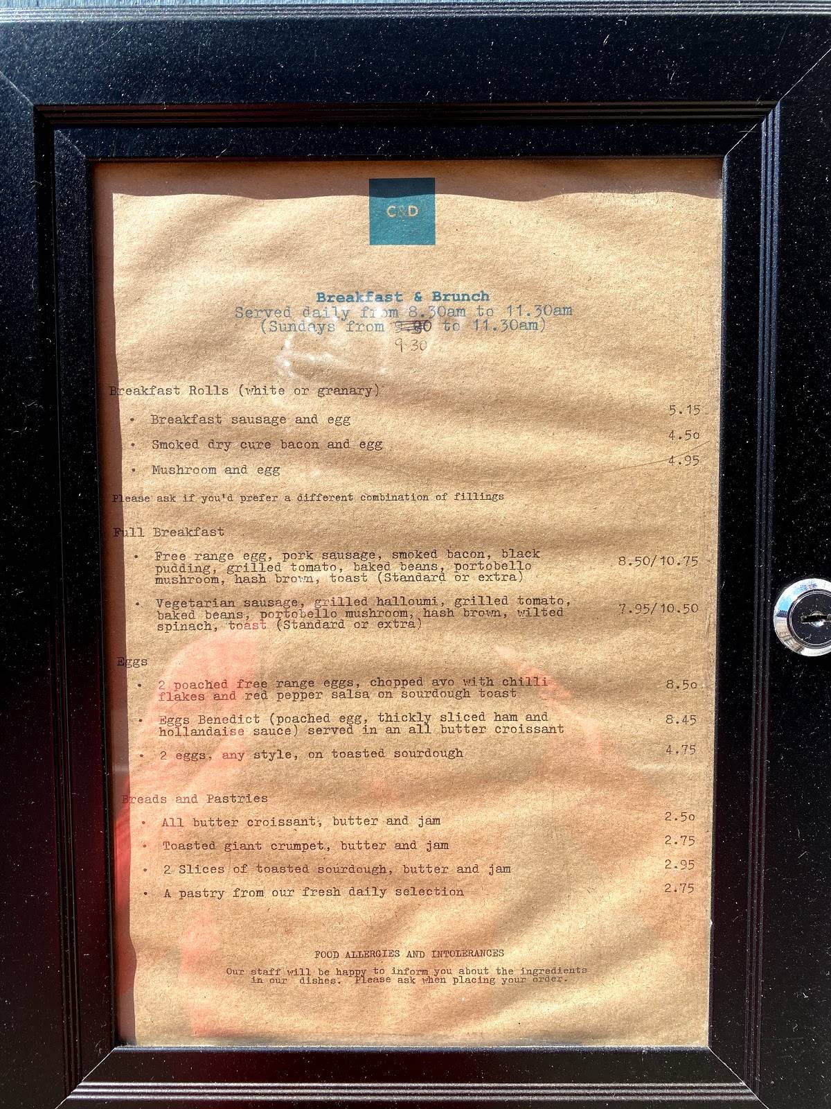 Menu at Clarke & Dean cafe, Towcester