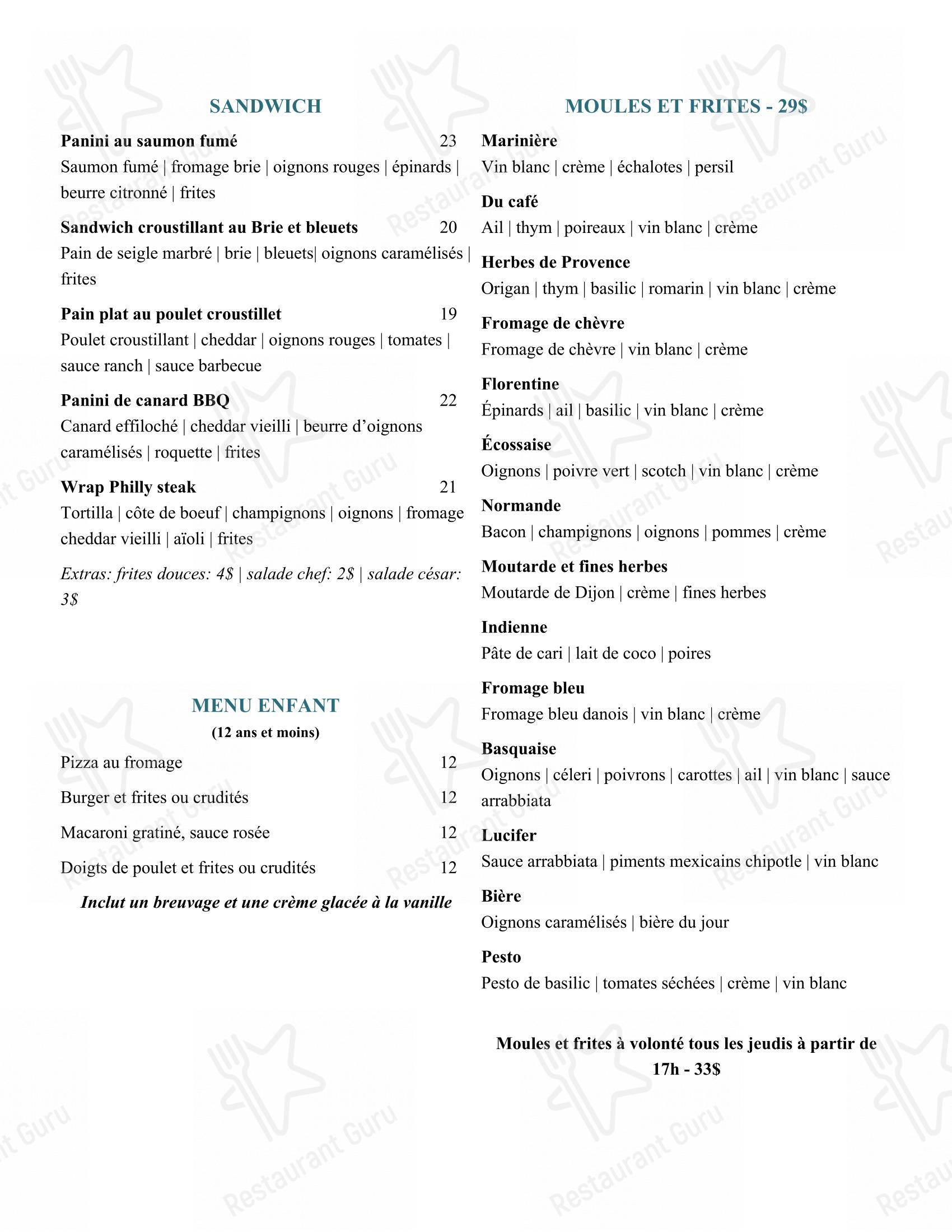 Menu au CAFÉ COGNAC, Gatineau