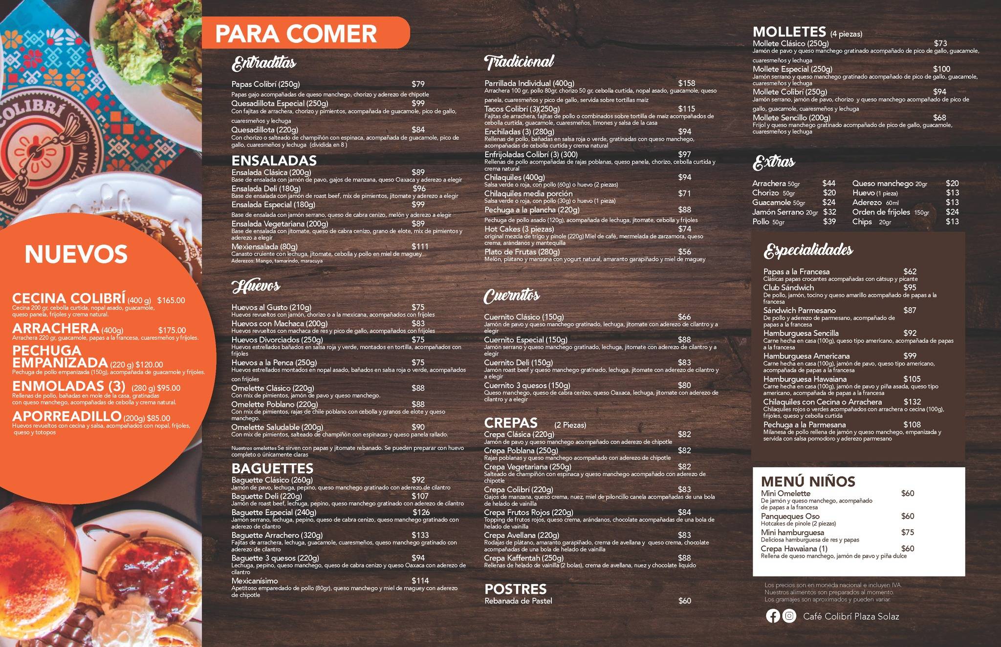 Carta de Cafe Colibri Plaza Solaz, Temixco