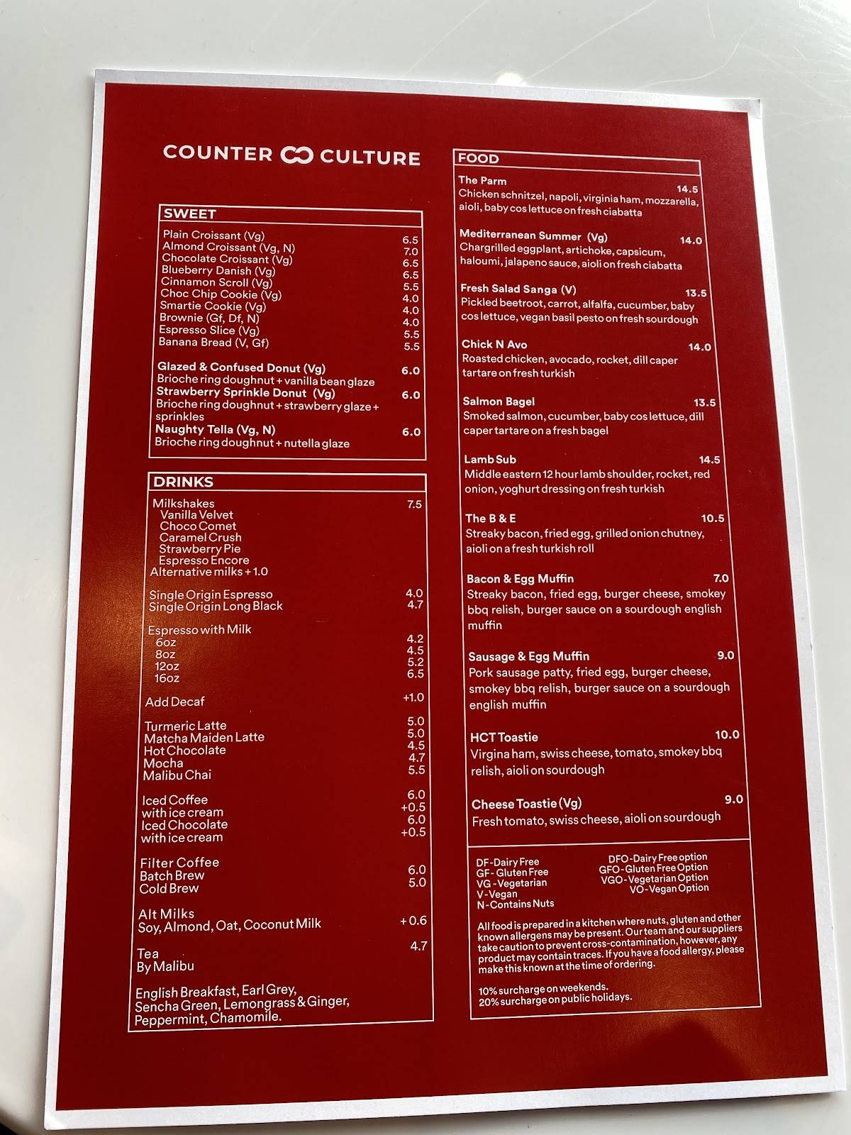 Menu at Counter Culture cafe, Malvern East