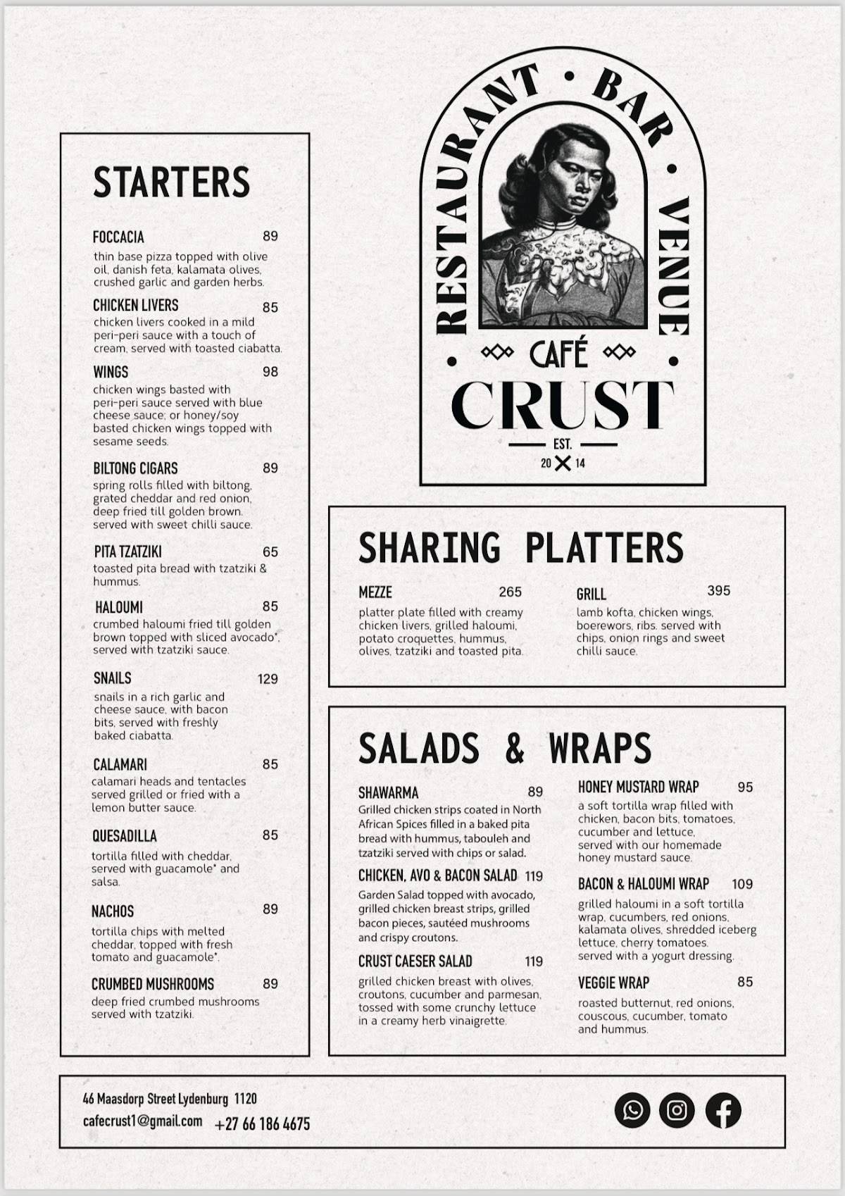 Menu at Cafe Crust, Lydenburg