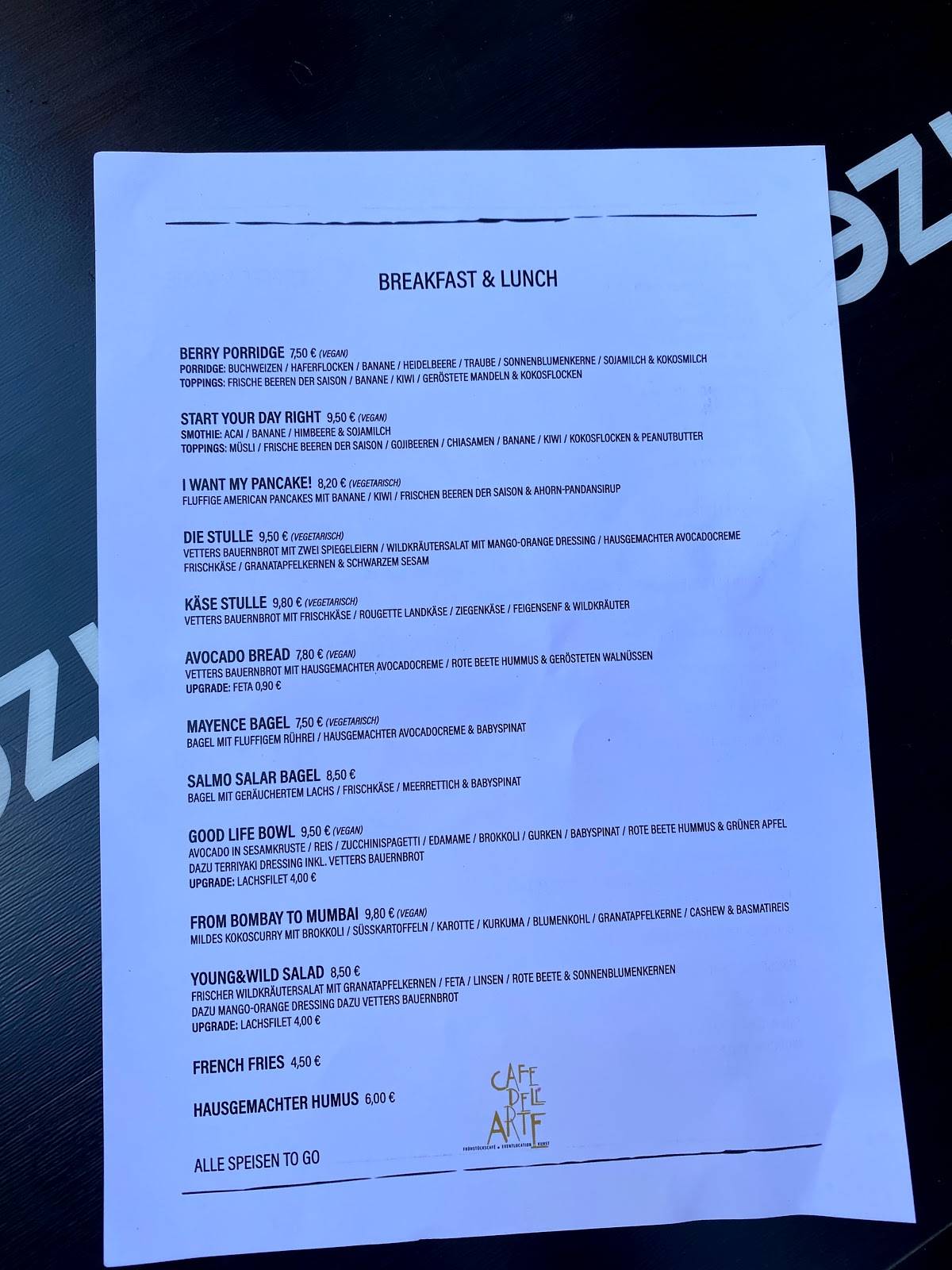 Speisekarte von Café Dell Arte cafe, Mainz