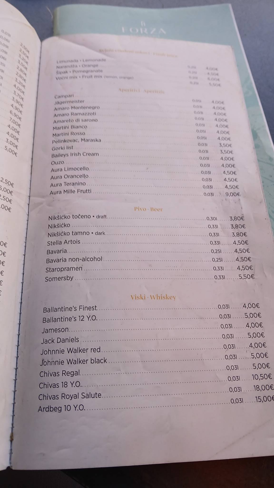 Menu at Forza Cafe, Kotor