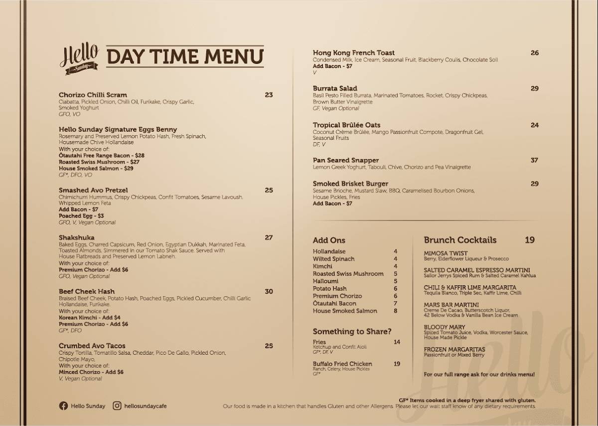 Menu at Hello Sunday cafe, Christchurch