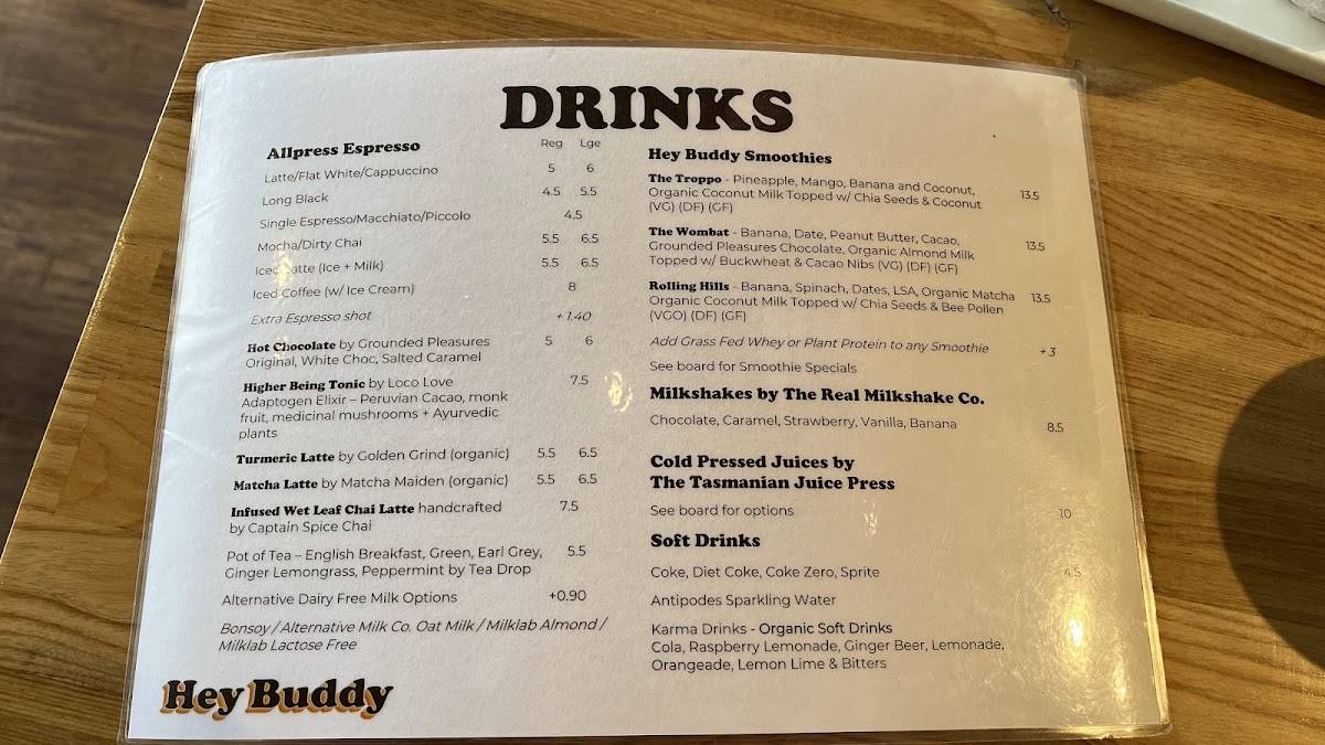 Menu at Hey Buddy cafe, West Ulverstone, 35 Queen St