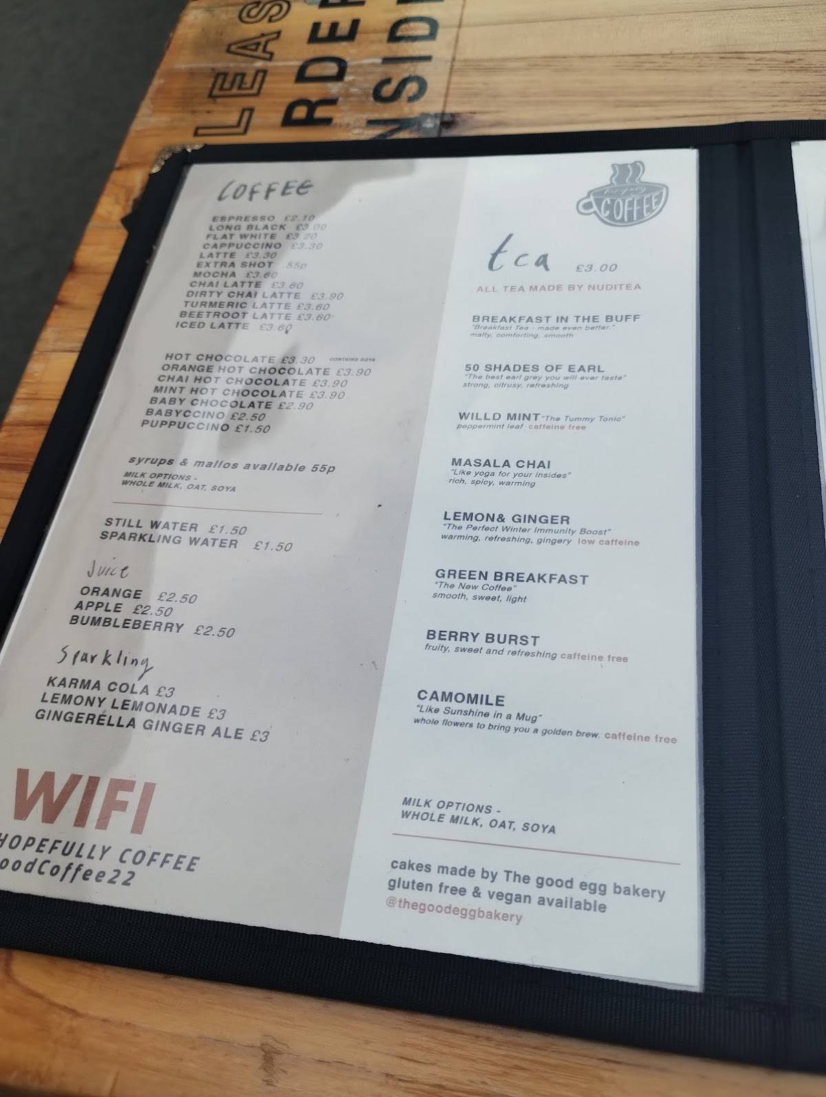 Menu at Hopefully Made cafe, Shrewsbury