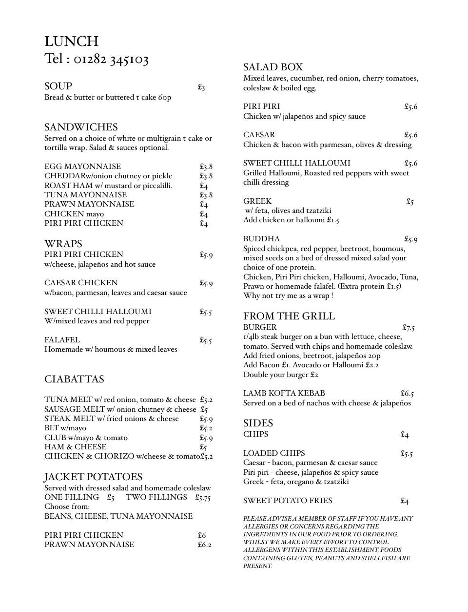 Menu at Humble Pie cafe, Barnoldswick