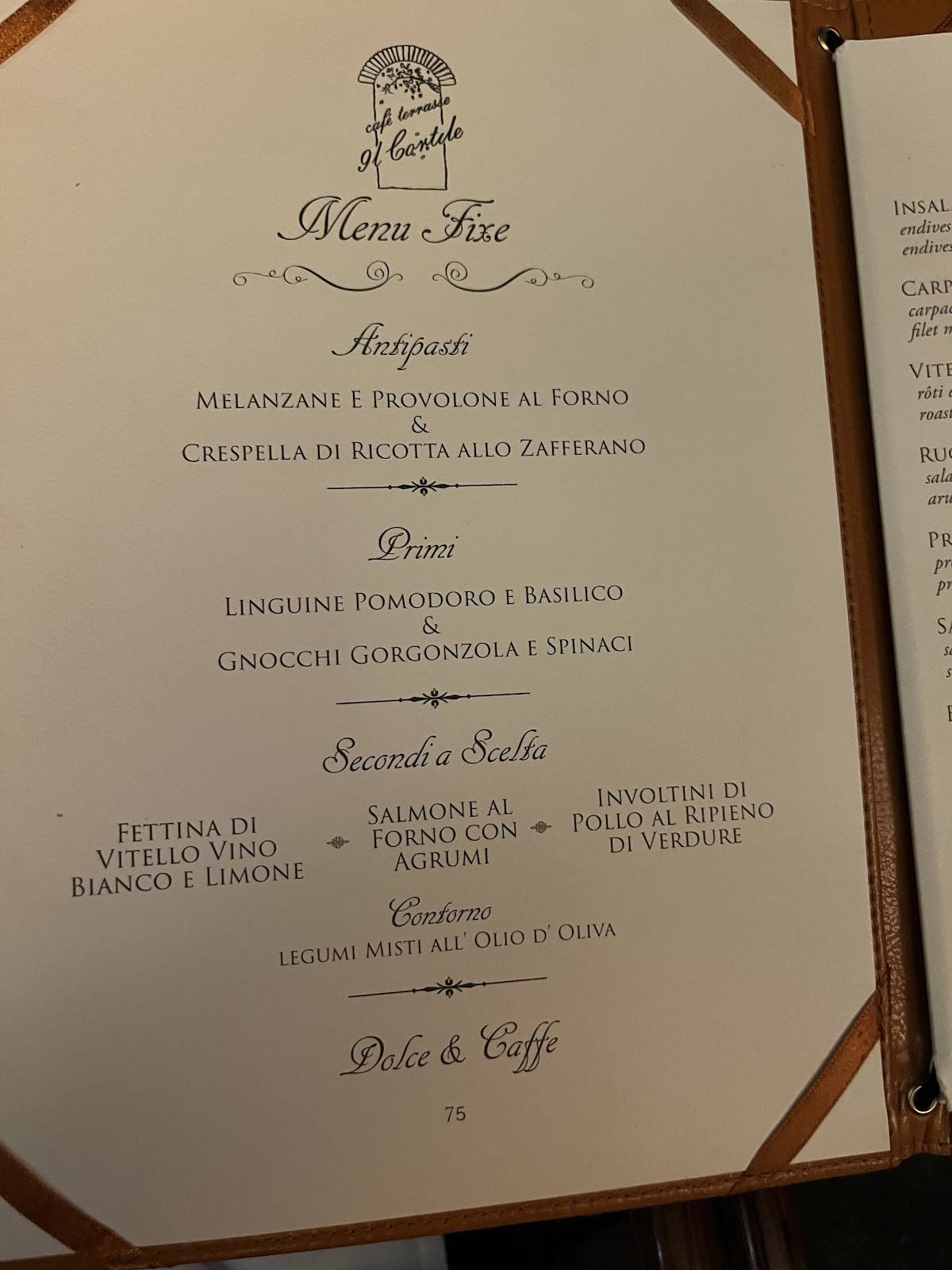 Menu at Café Il Cortile, Montréal