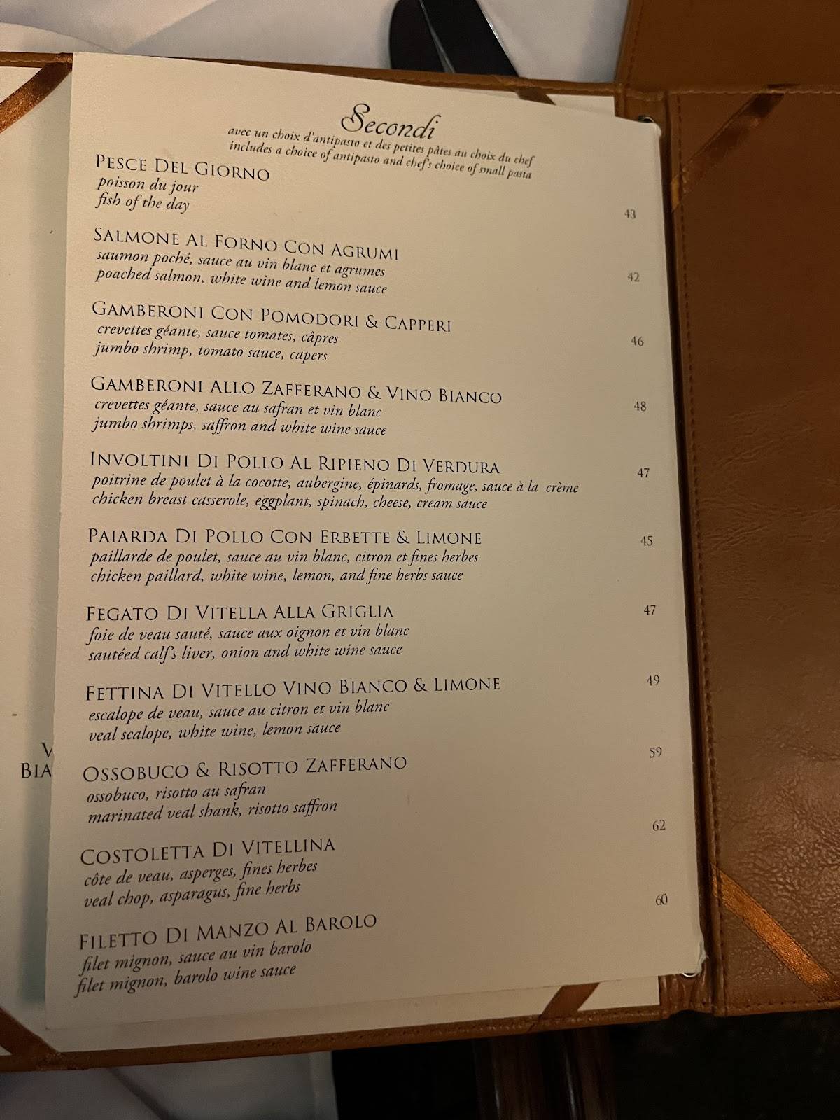 Menu at Café Il Cortile, Montréal