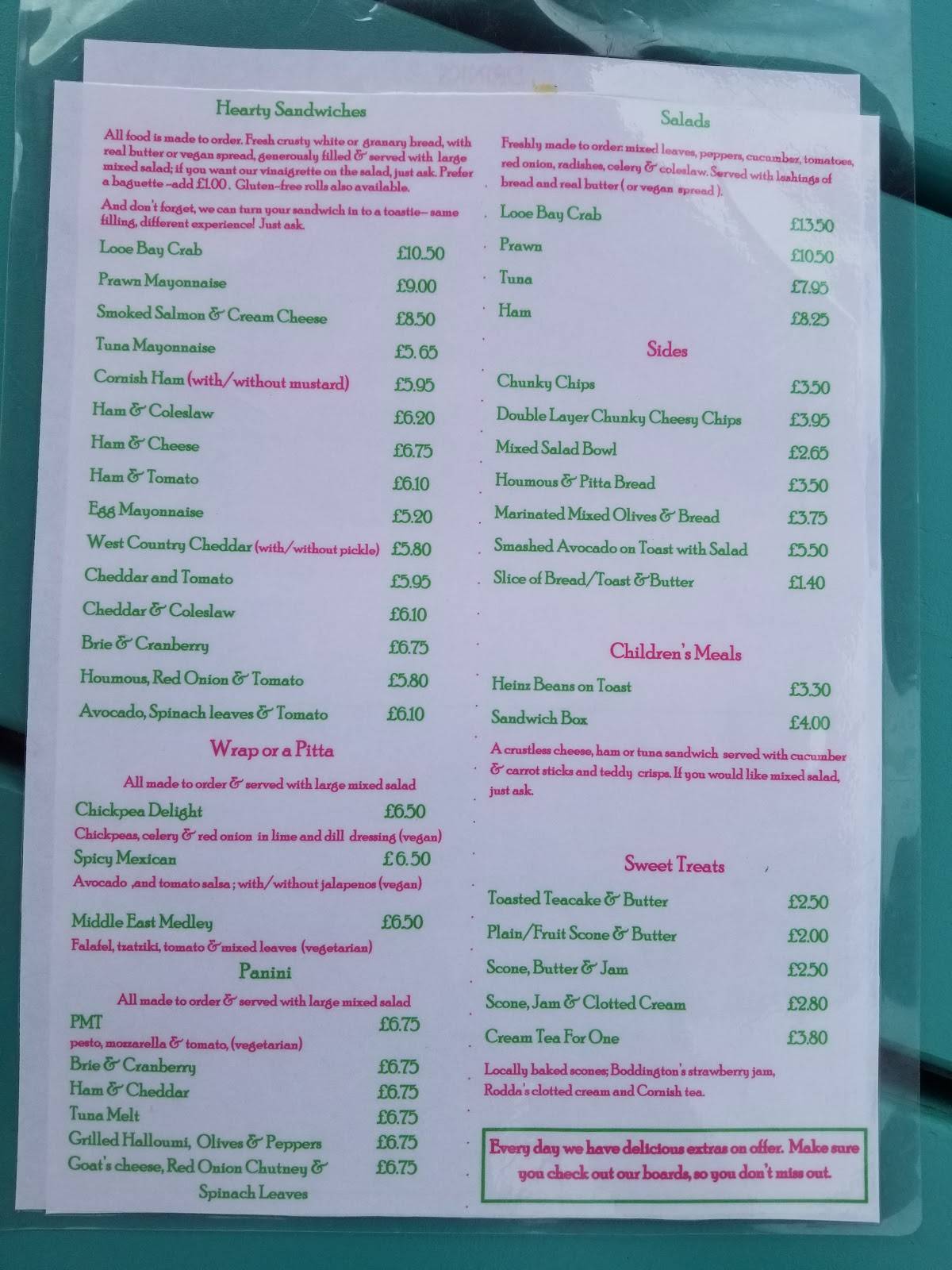 Menu at Island View Cafe, Looe, Marine Dr