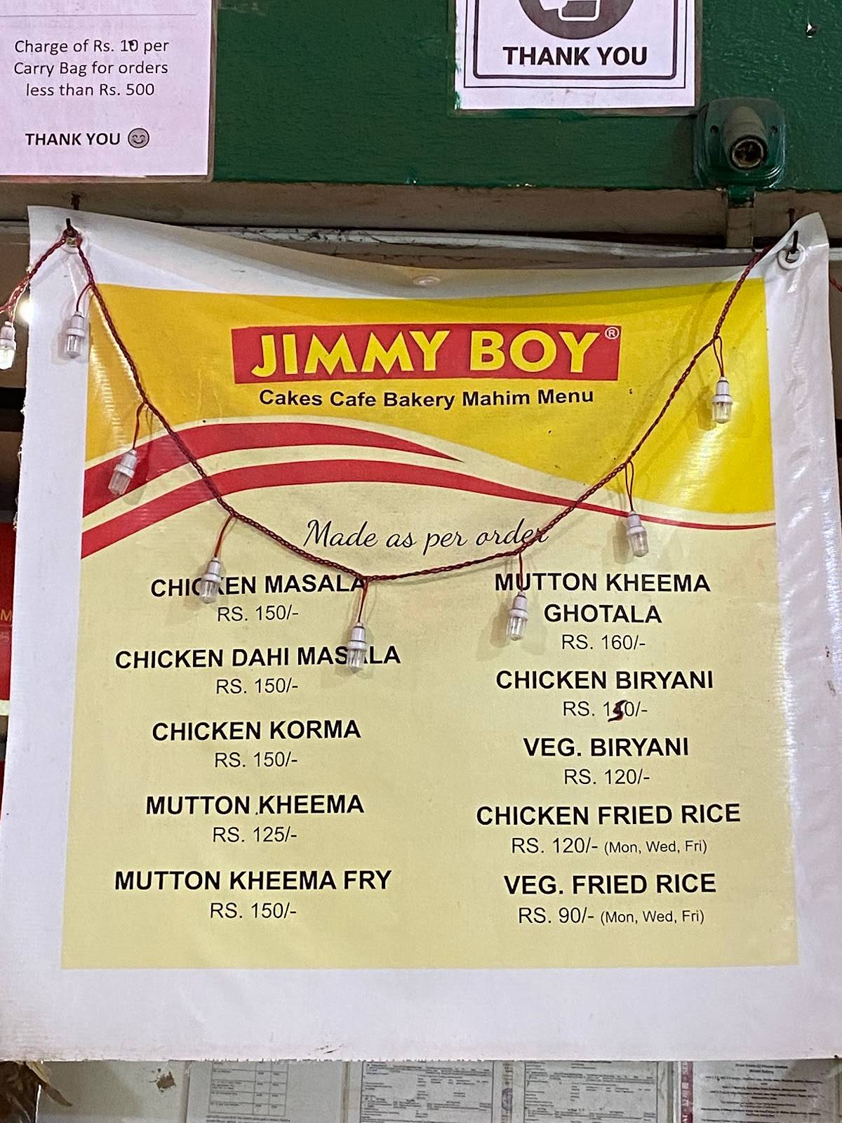 Menu at Jimmy Boy Mahim, Mumbai