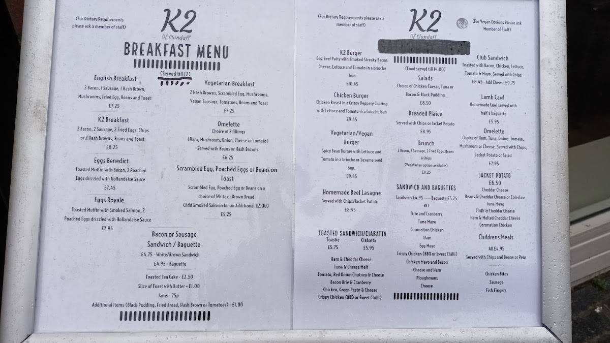 Menu at K2 cafe, Cardiff, 23 High St