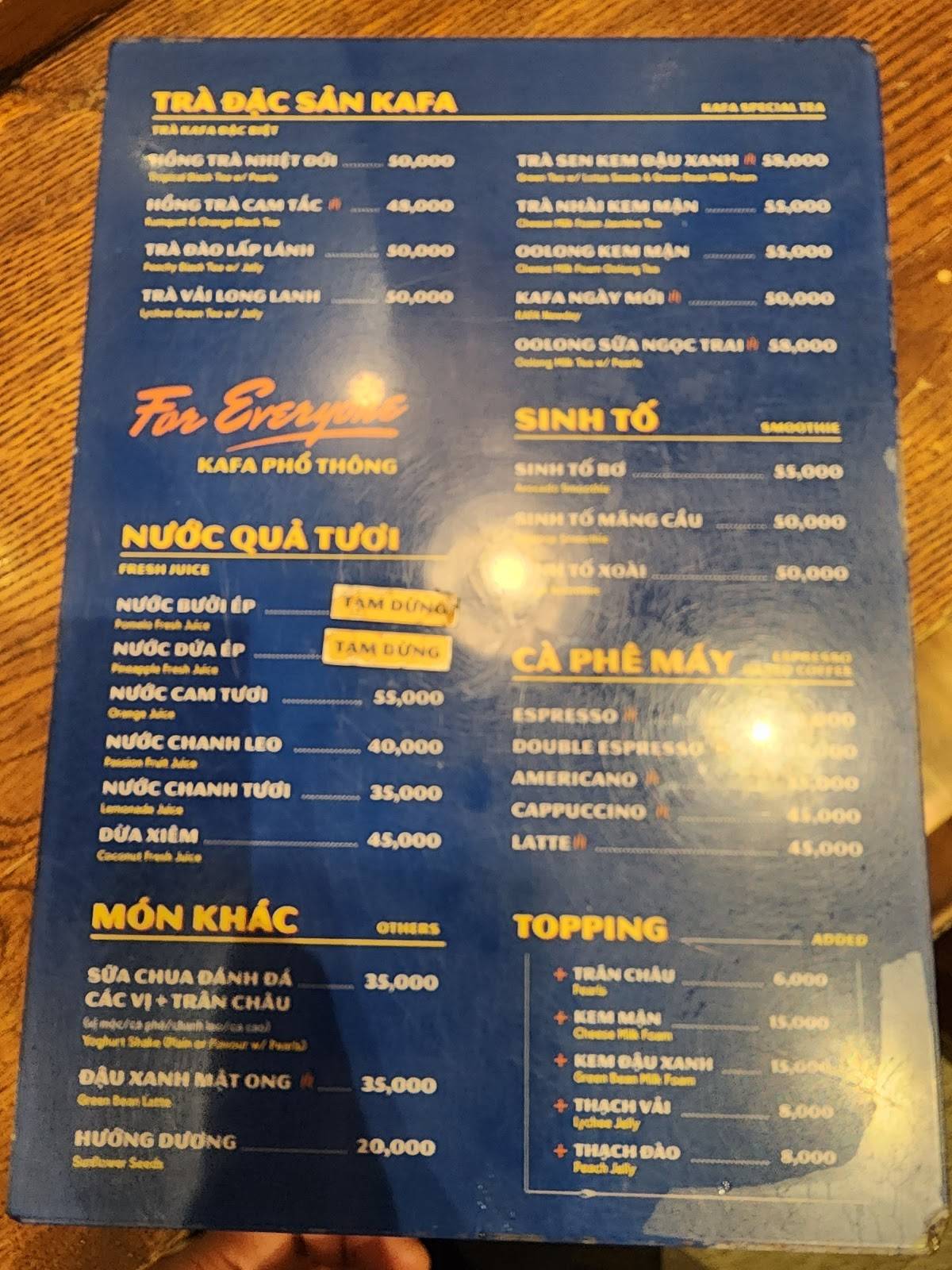 Menu at KAFA Cafe, Hanoi, 100 P. Cầu Gỗ