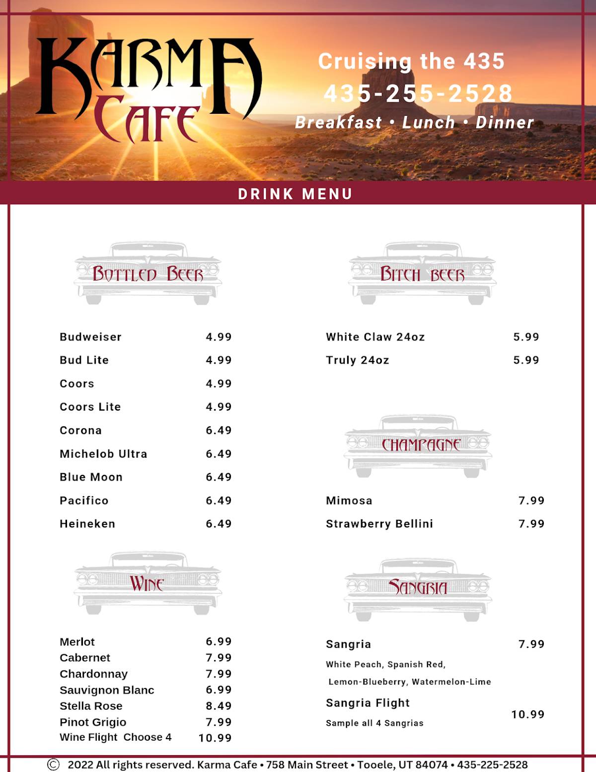 Menu at Karma Cafe, Tooele, 758 N Main St