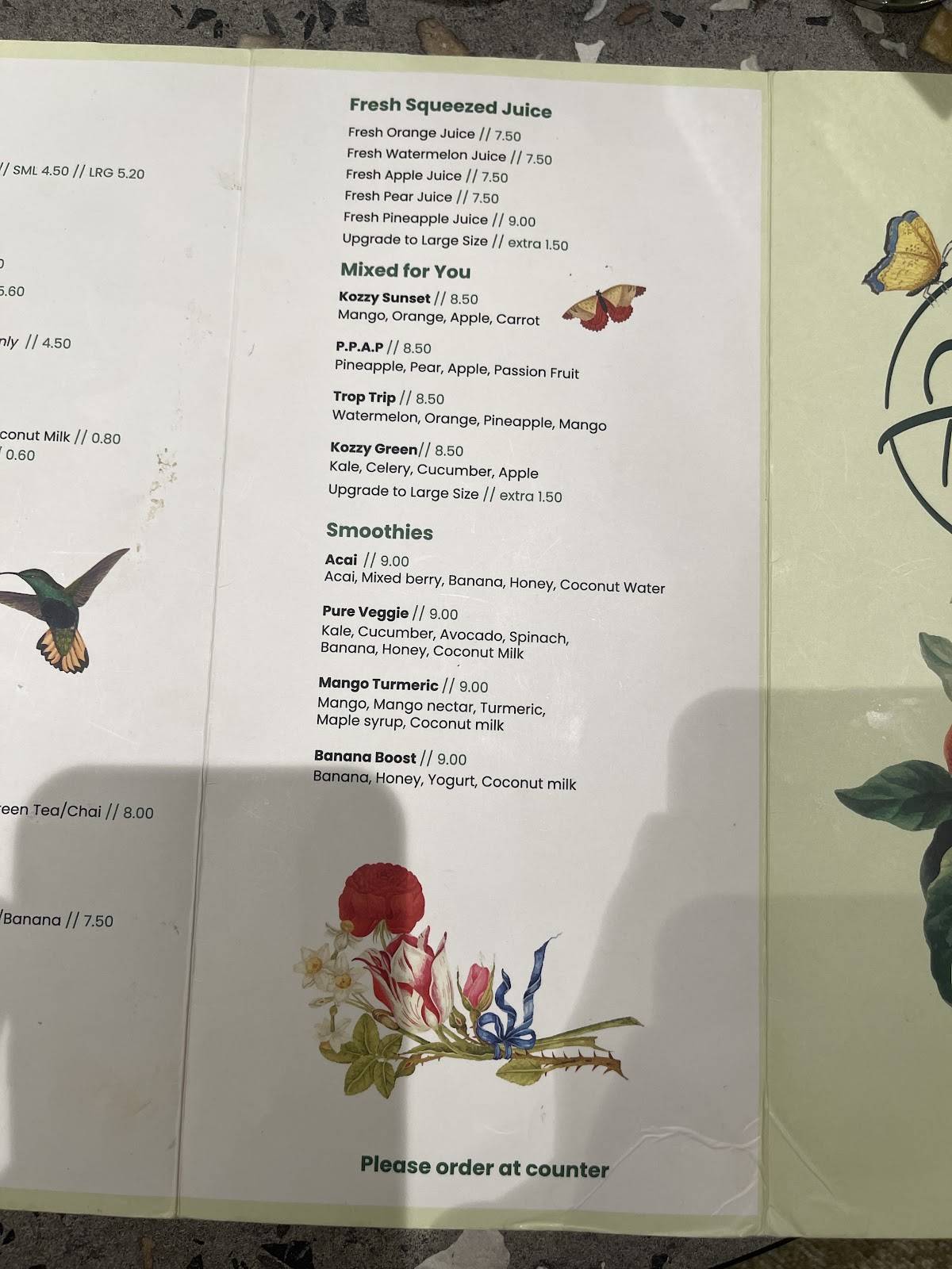 Menu at Kozzy Beans cafe, Eastgardens