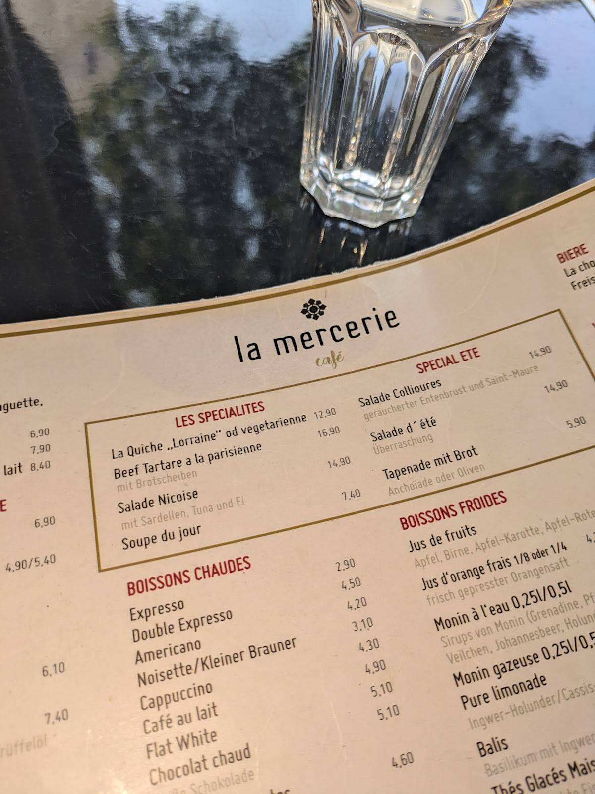 Menu at La Mercerie cafe, Vienna