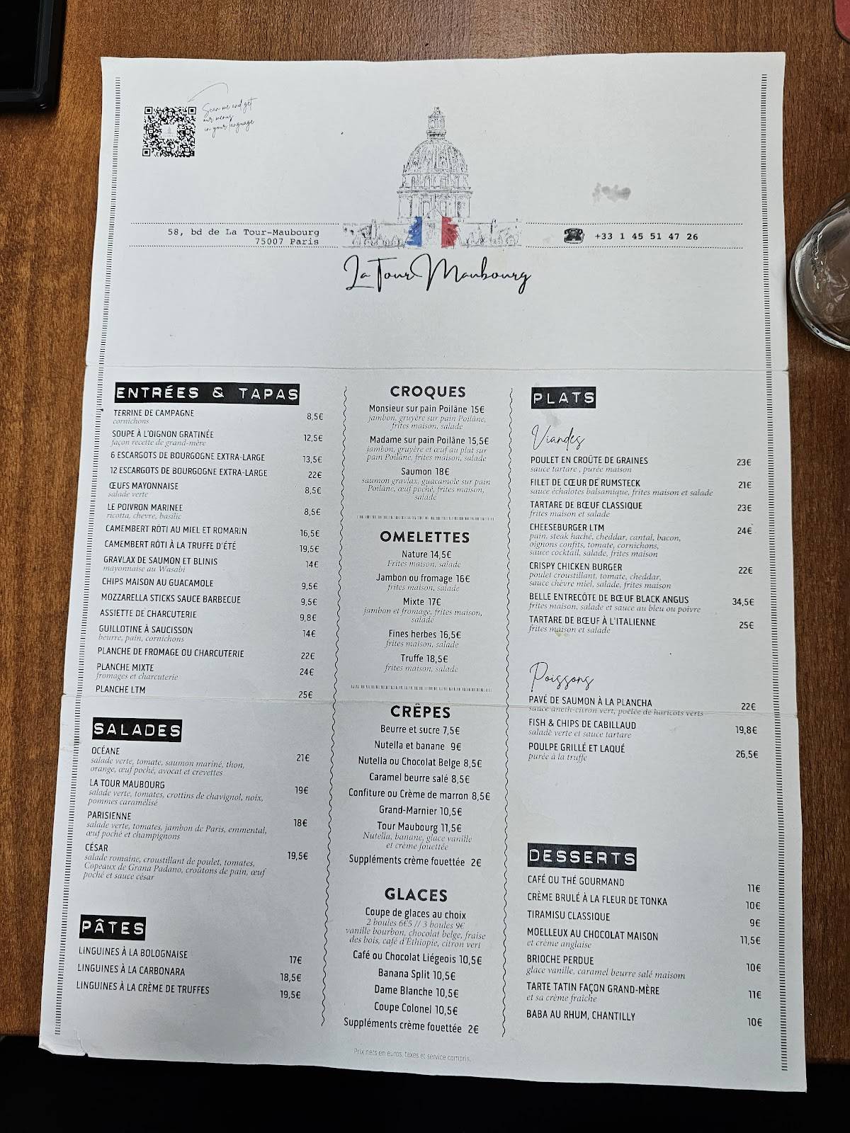 Menu au Café La Tour Maubourg, Paris, 58 Bd de la Tour-Maubourg
