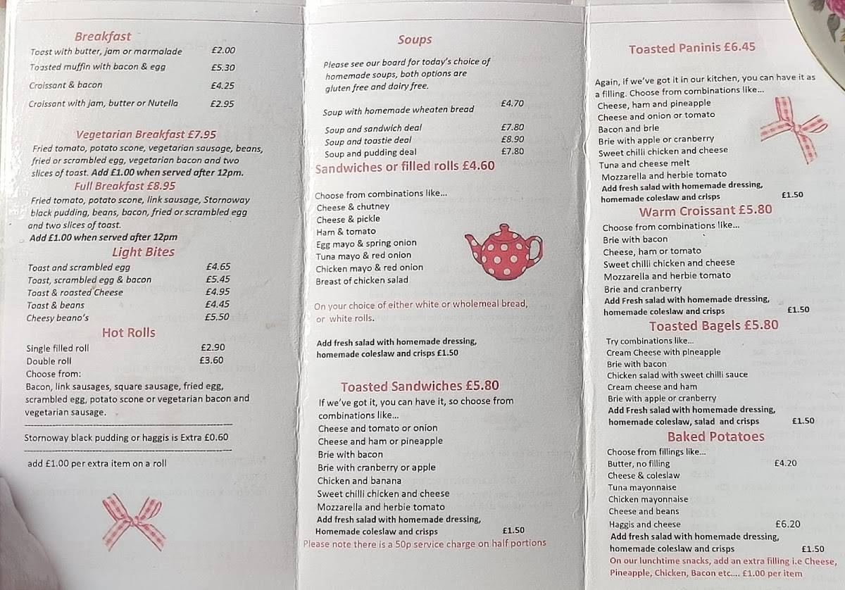 Menu at Laura’s Tilly Tearoom cafe, Tillicoultry